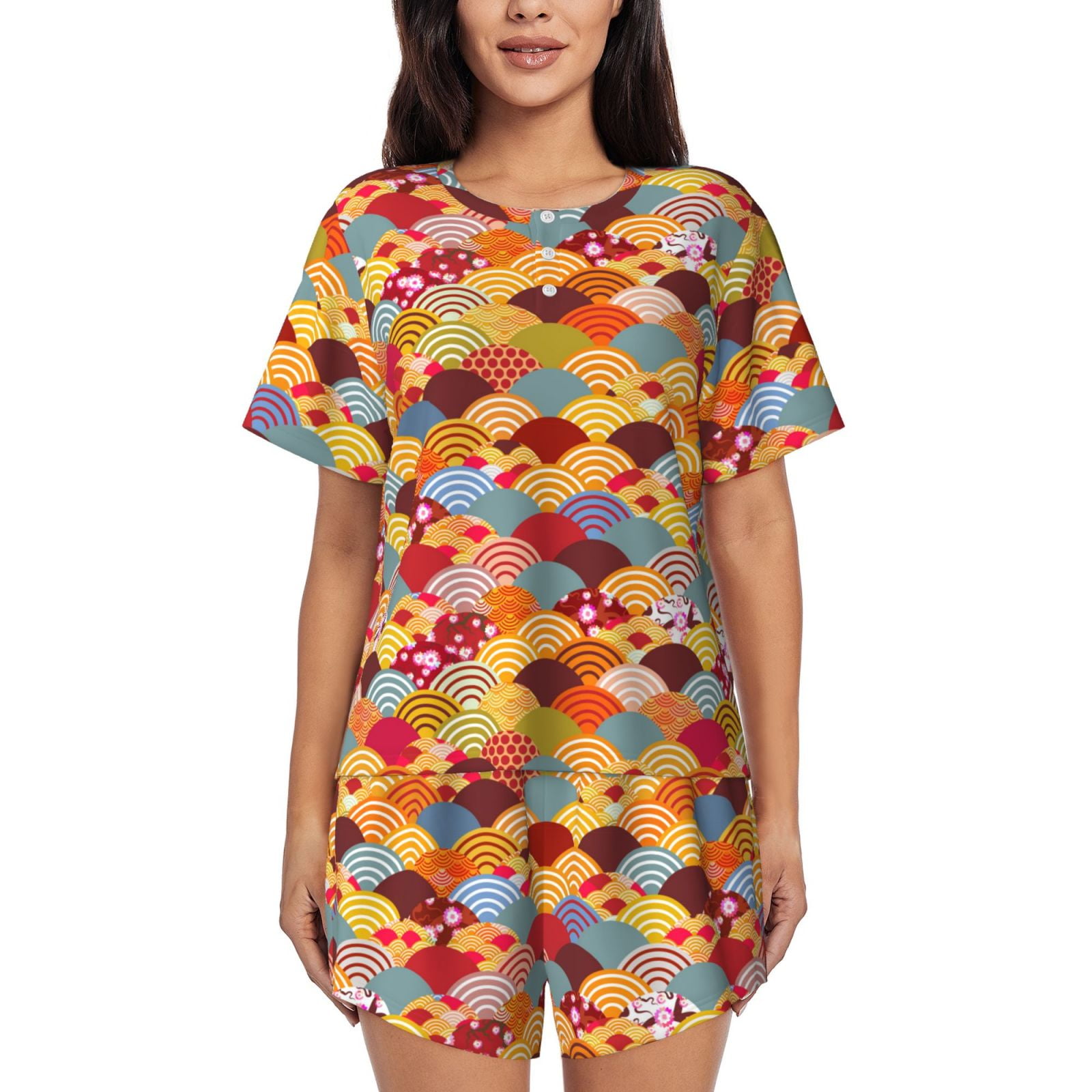 Pajamas for Women Set, Japanese Style Fish Scales PJ Lounge Sets for ...