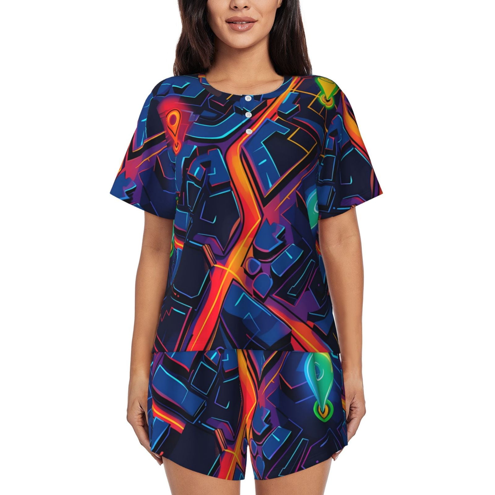 Pajamas for Women Set, Neon City Map PJ Lounge Sets for Women 2 Piece ...