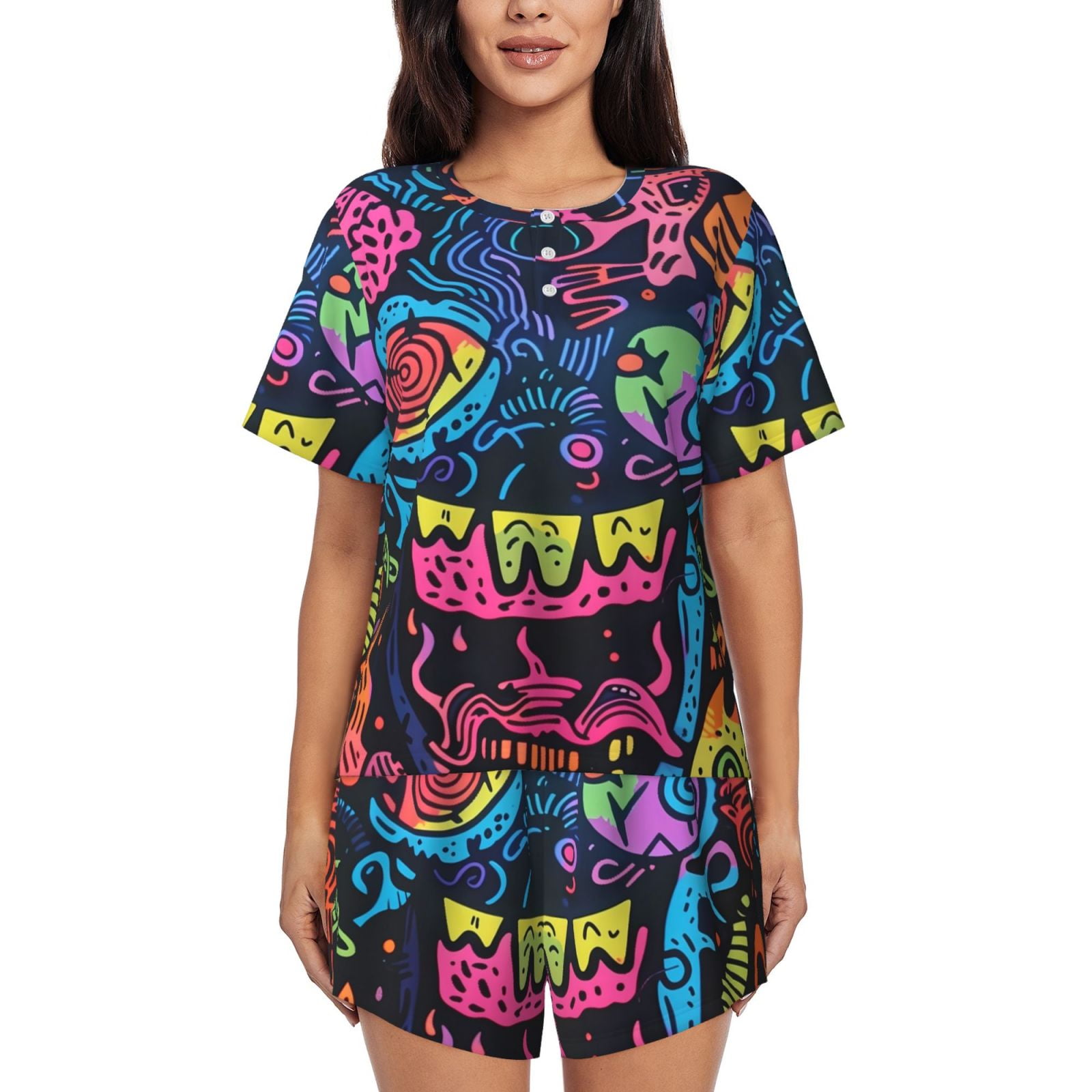 Pajamas for Women Set, Neon Graffiti Urban Art PJ Lounge Sets for Women ...