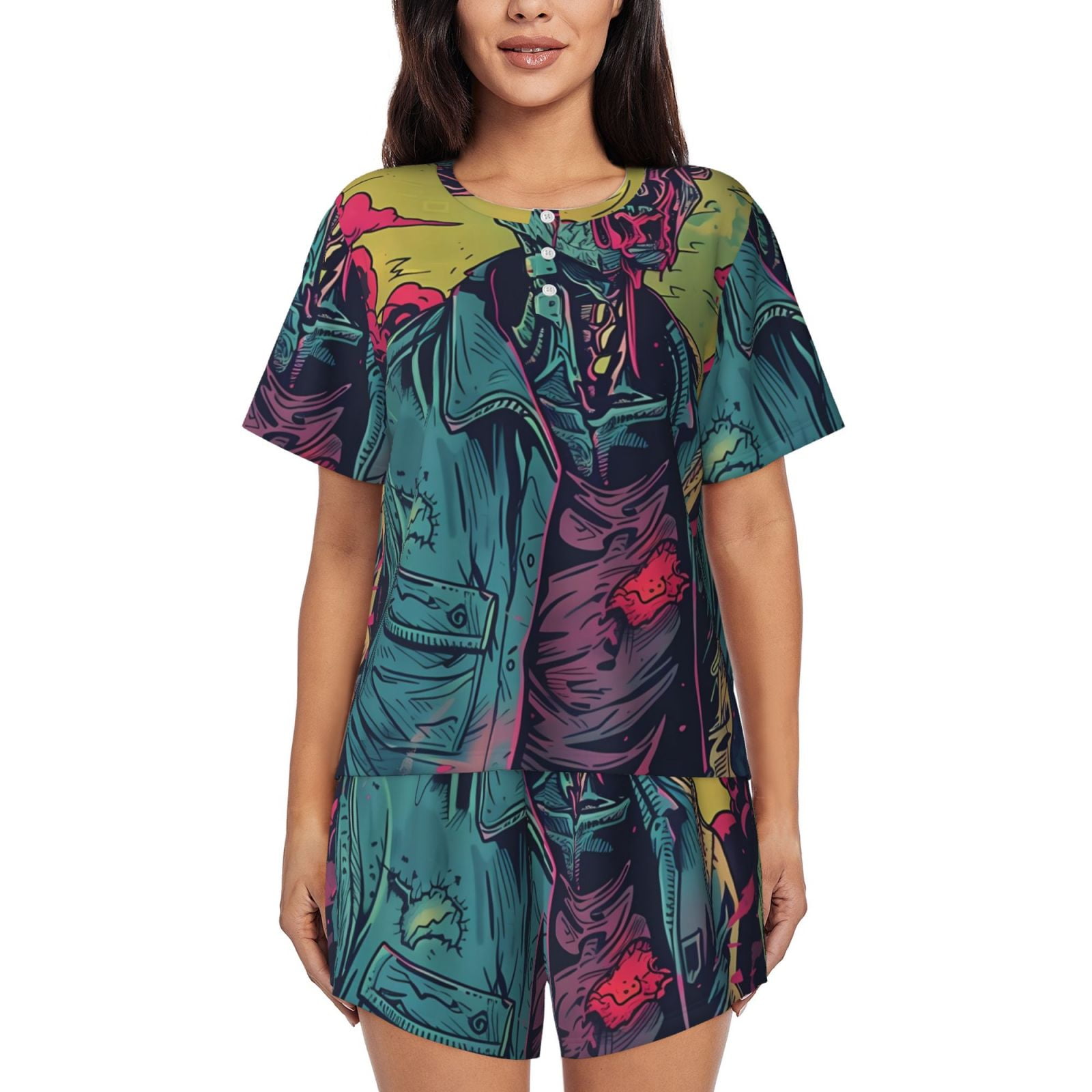 Pajamas for Women Set, Neon Zombie Skull PJ Lounge Sets for Women 2 ...