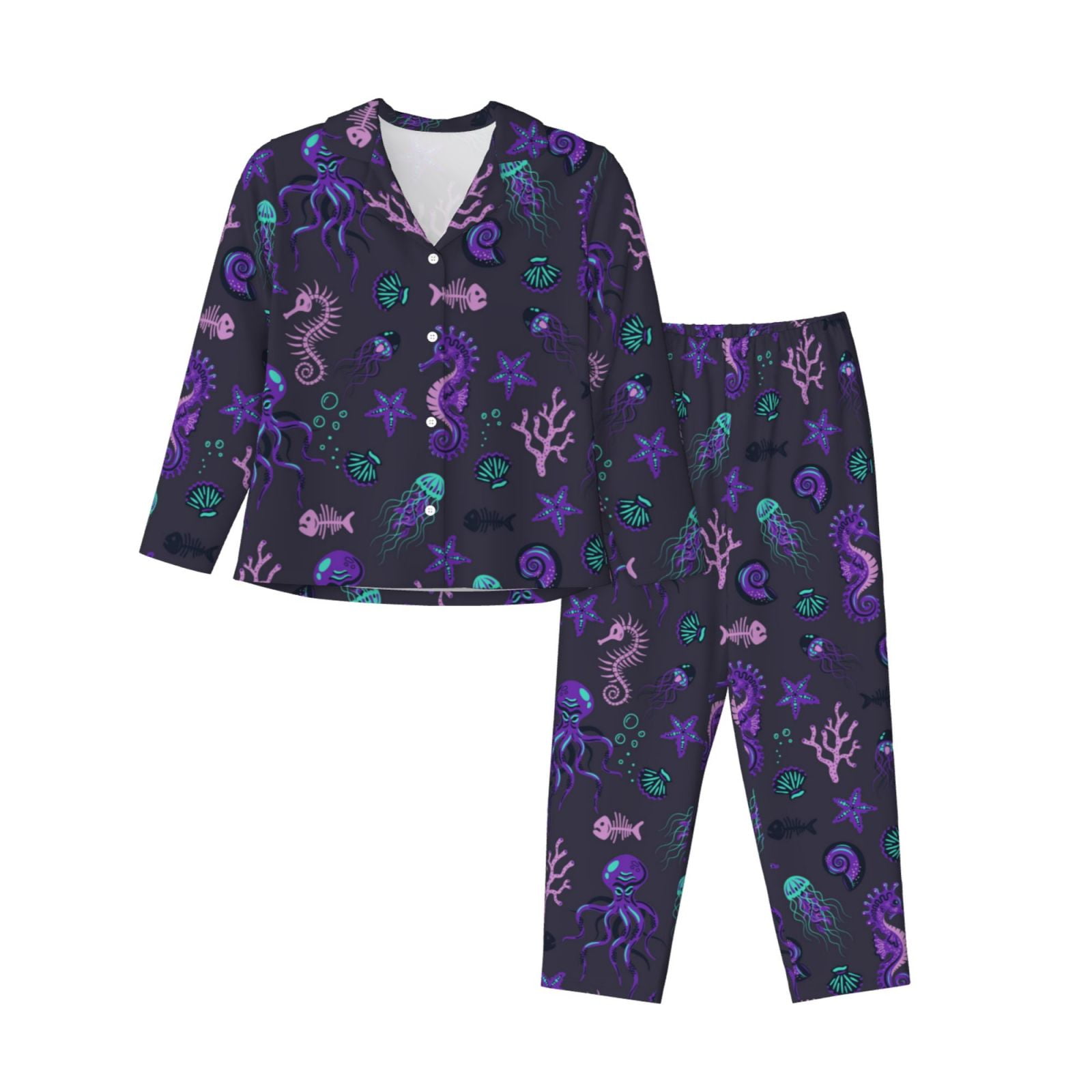 Pajamas for Women Set - Octopus Seahorse Jellyfish Purple Long Sleeve ...