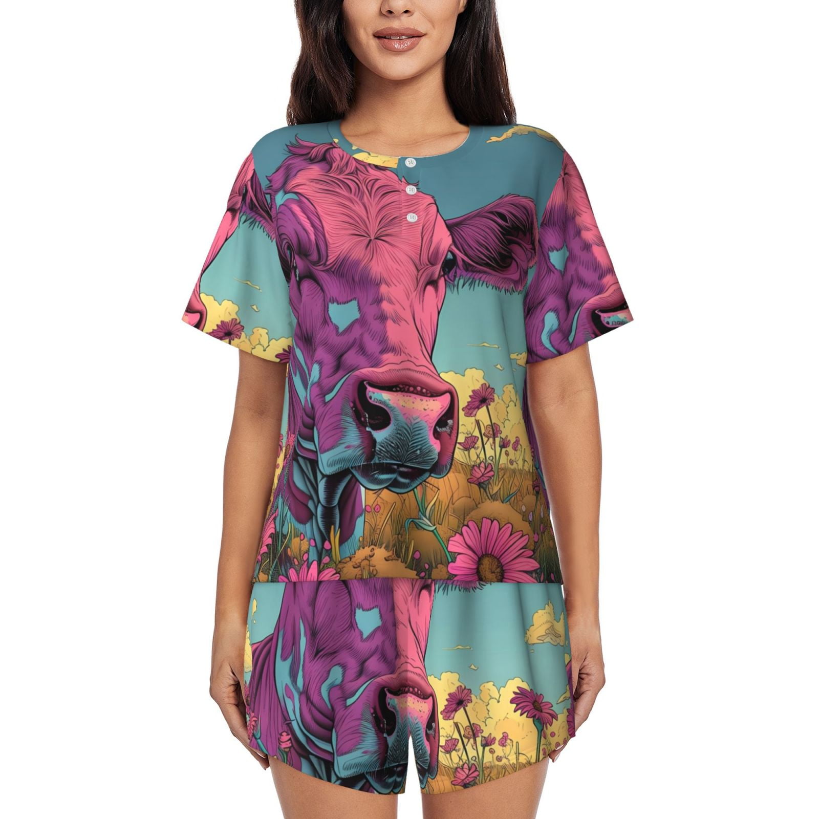 Pajamas for Women Set, Pink Cow In Sunflower Field PJ Lounge Sets for ...