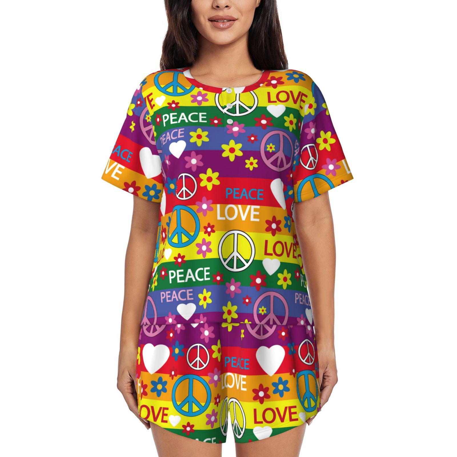 Pajamas for Women Set, Rainbow peace sign cute PJ Lounge Sets for Women ...