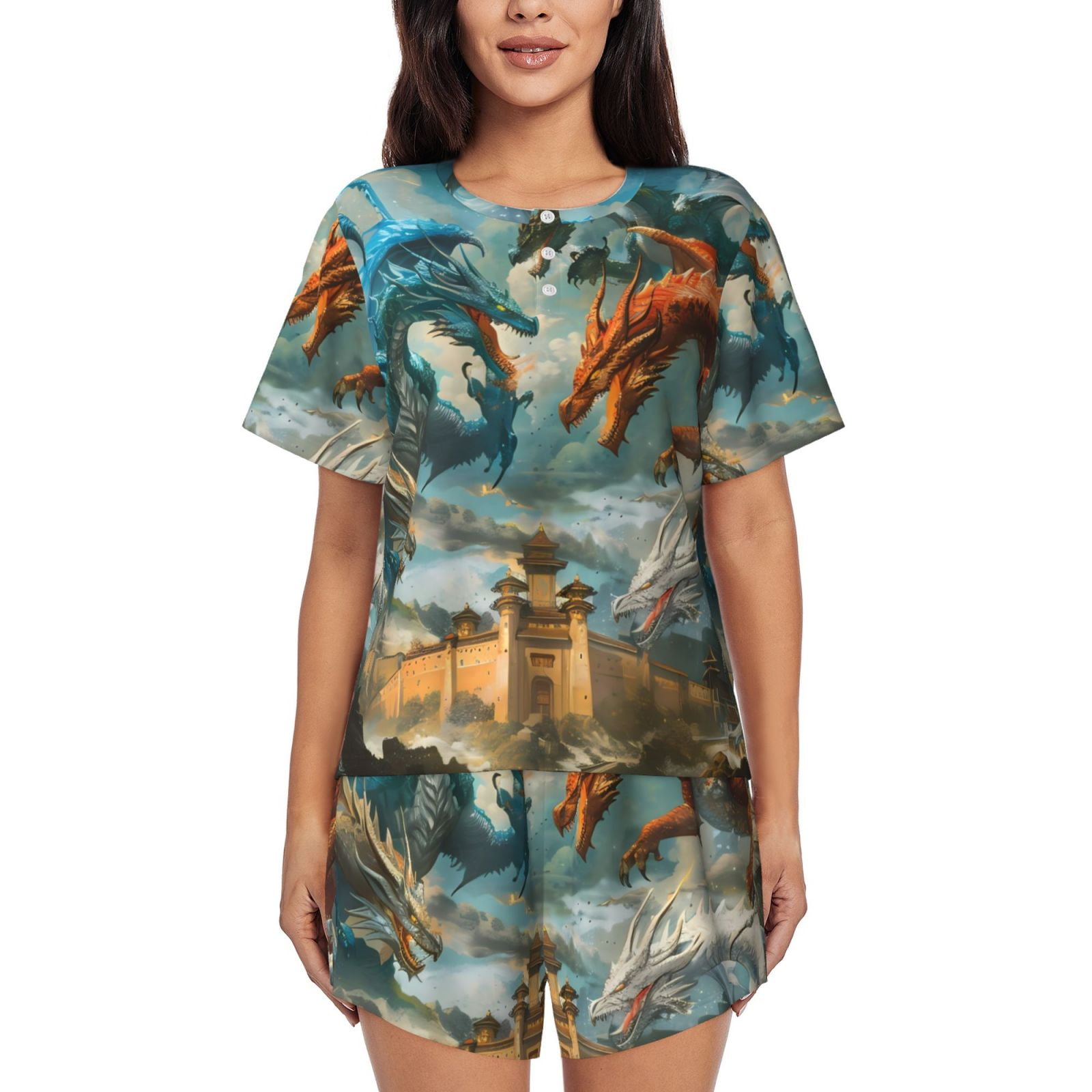 Pajamas for Women Set, Red Blue Dragon Battle Epic PJ Lounge Sets for ...