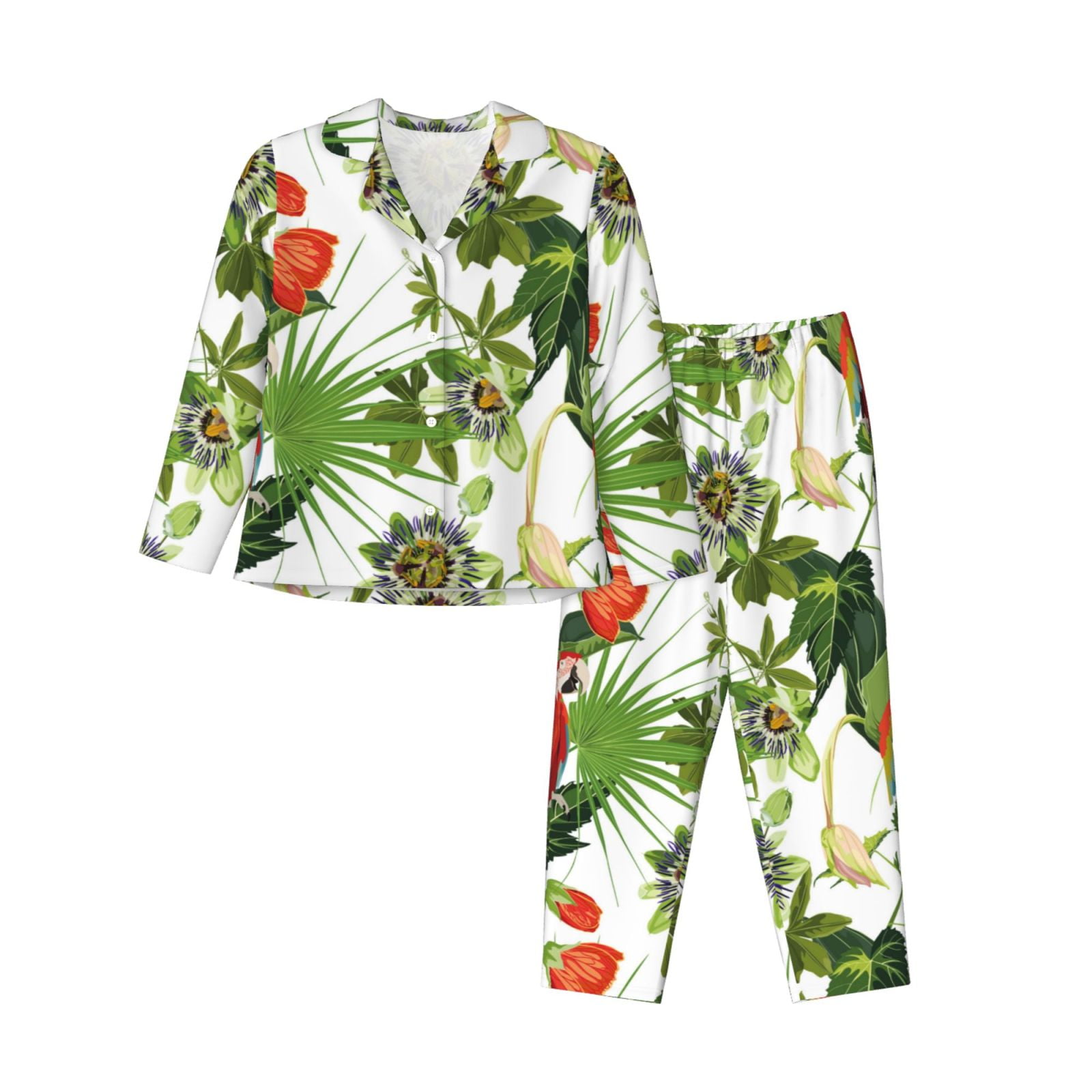 Pajamas for Women Set - Red Macaw Parrot Flower Plant Long Sleeve ...