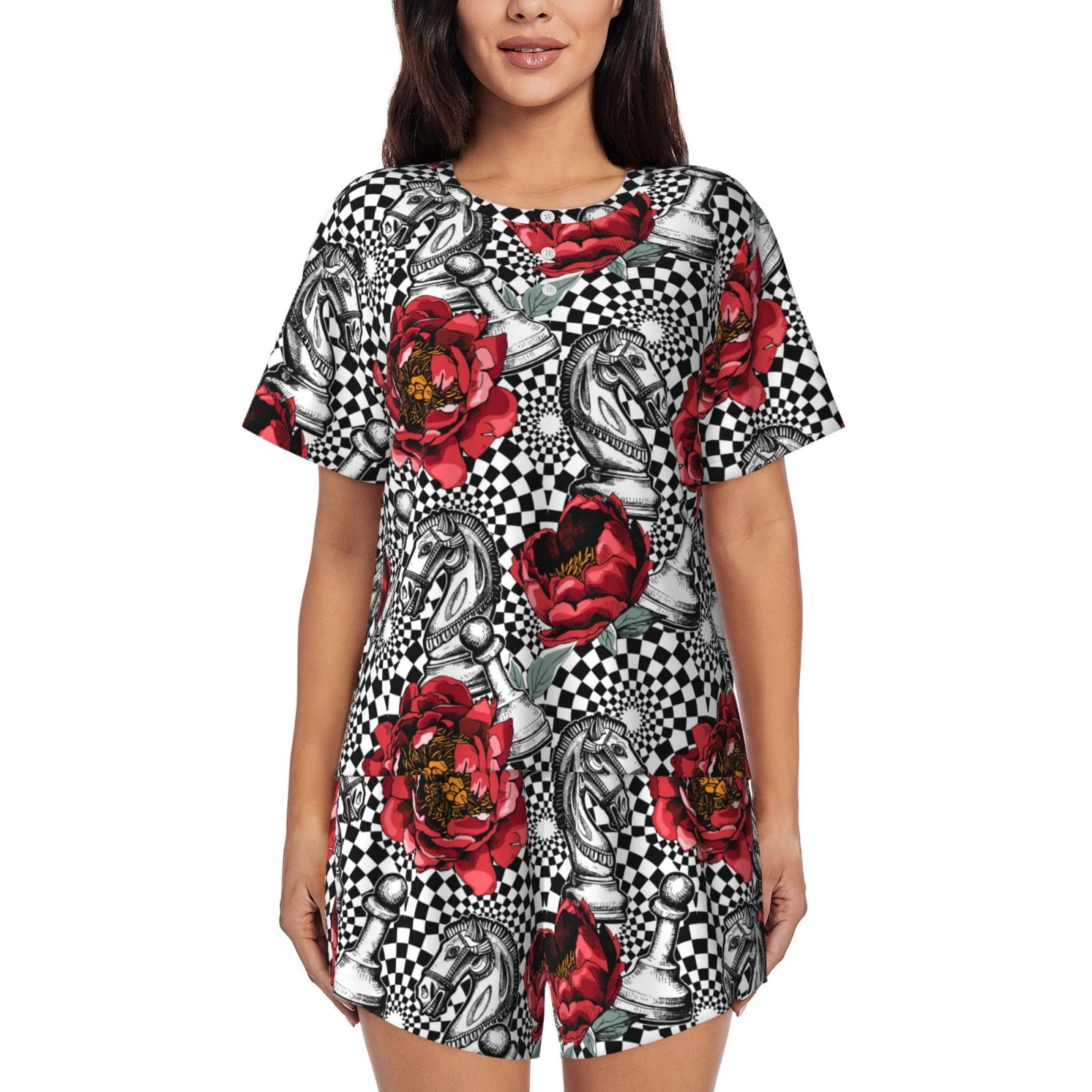 Pajamas for Women Set, Red Peony Knight Chess checkered PJ Lounge Sets ...