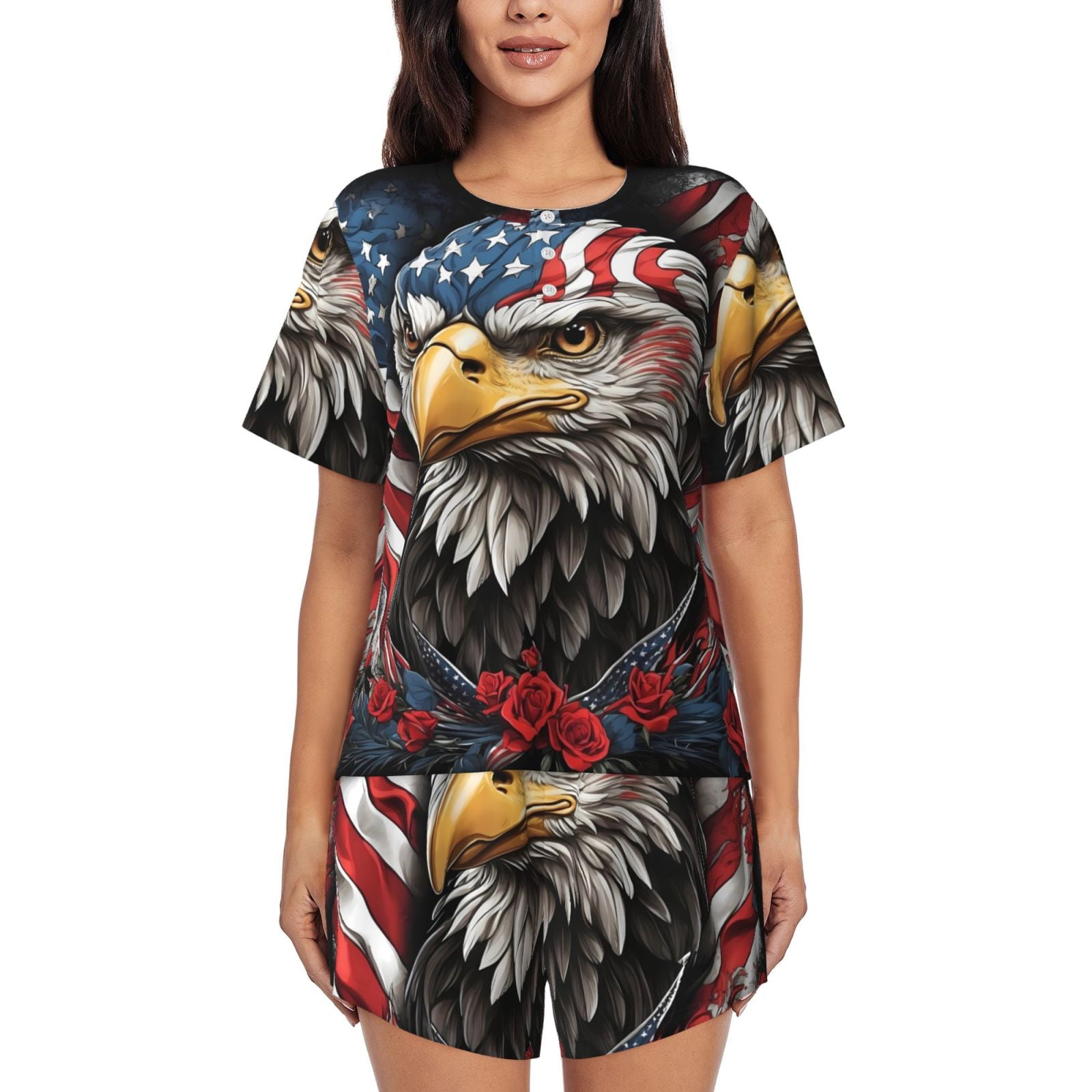 Pajamas for Women Set, Roses American Flag Eagle PJ Lounge Sets for ...