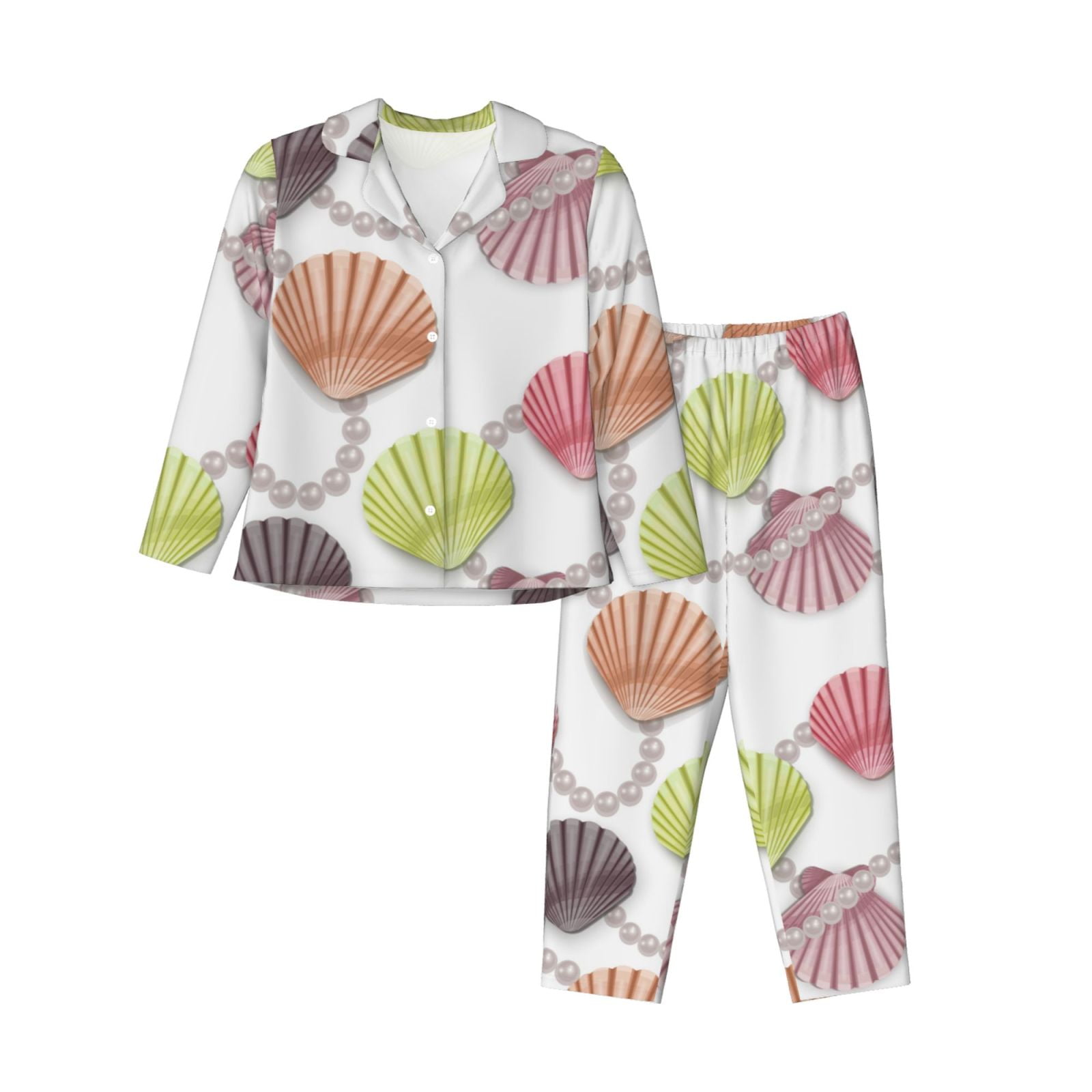 Pajamas for Women Set - Shell Pearls Print Long Sleeve Womens Pajama ...