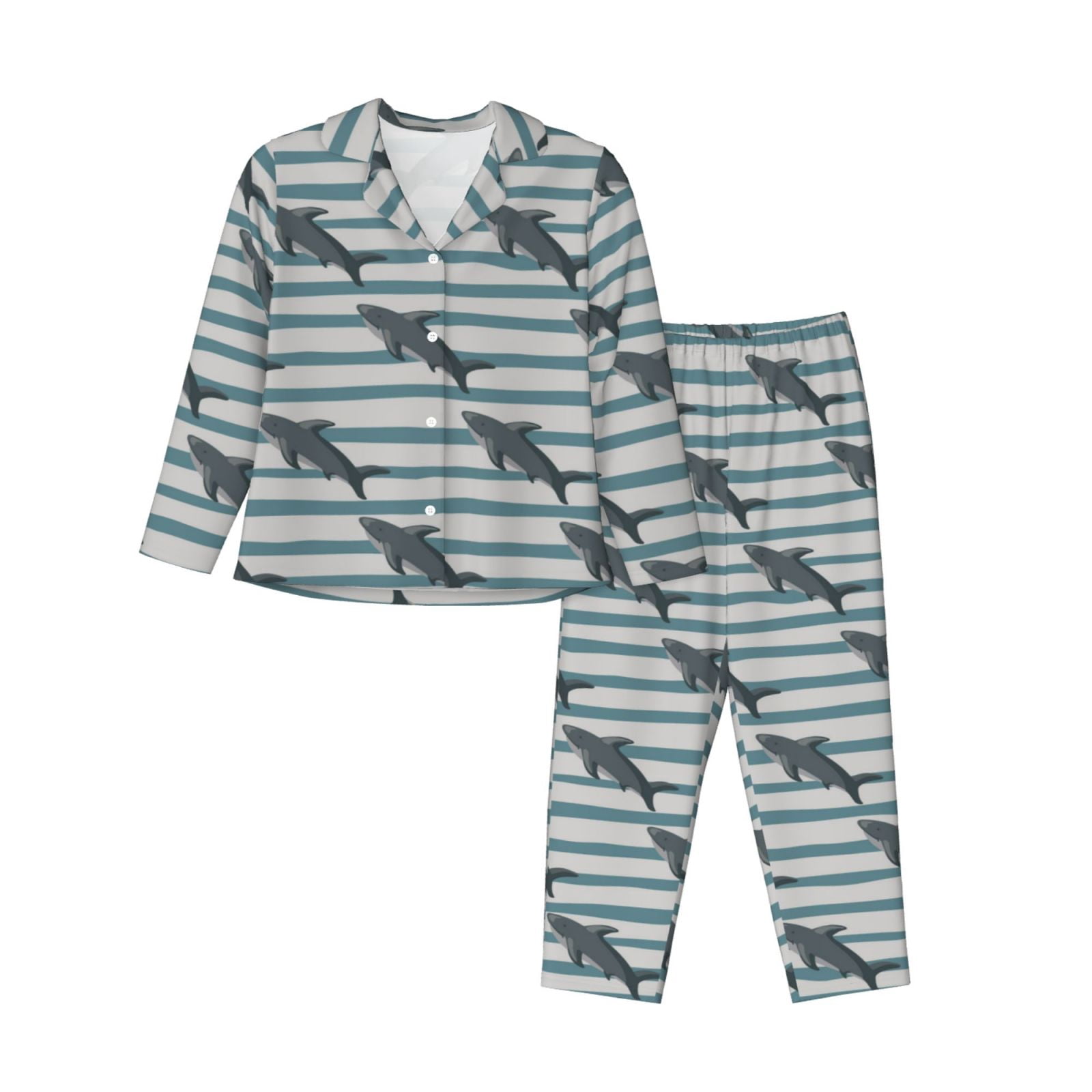 Pajamas for Women Set - Striped Cute Cartoon Shark Long Sleeve Womens ...