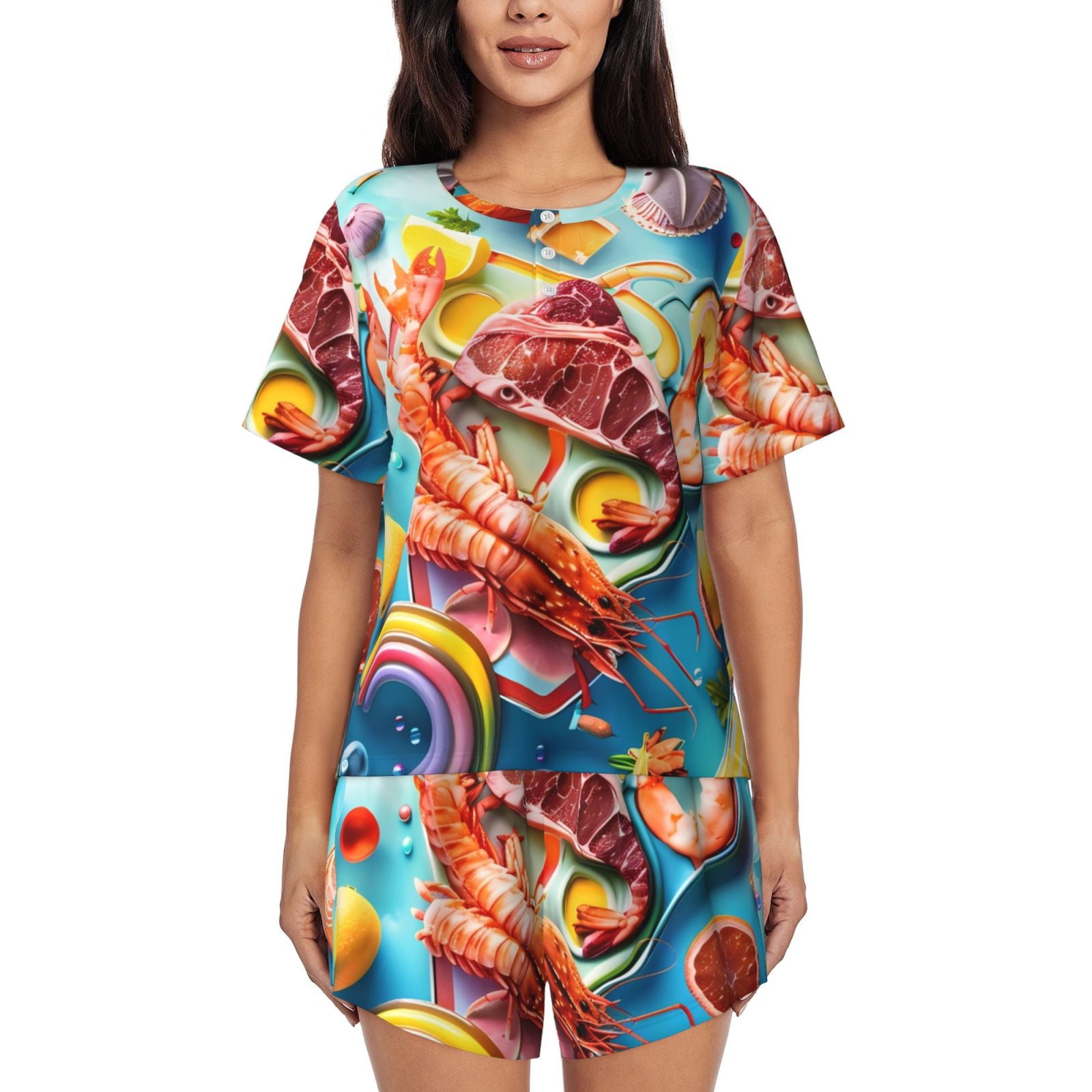 Pajamas for Women Set, Surreal Seafood Extravaganza PJ Lounge Sets for ...