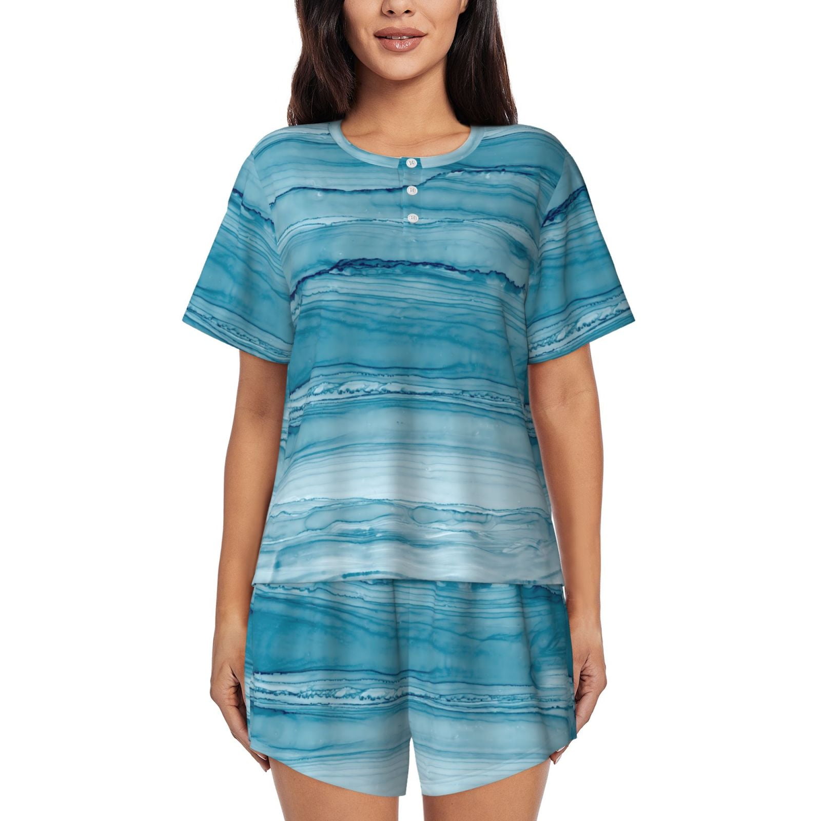 Pajamas for Women Set, Teal Turquoise Fluid Stripes PJ Lounge Sets for ...