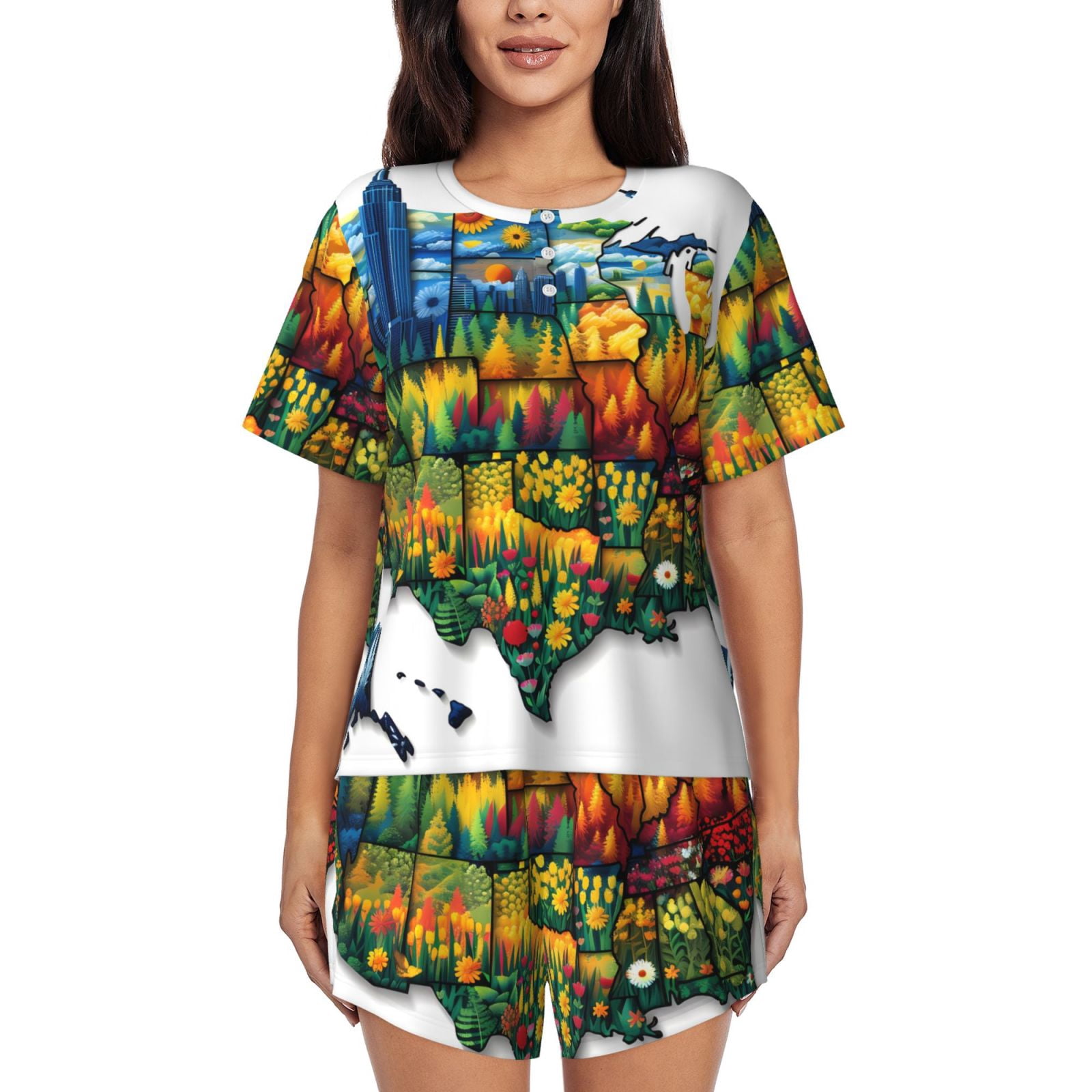 Pajamas for Women Set, USA Map Floral States PJ Lounge Sets for Women 2 ...