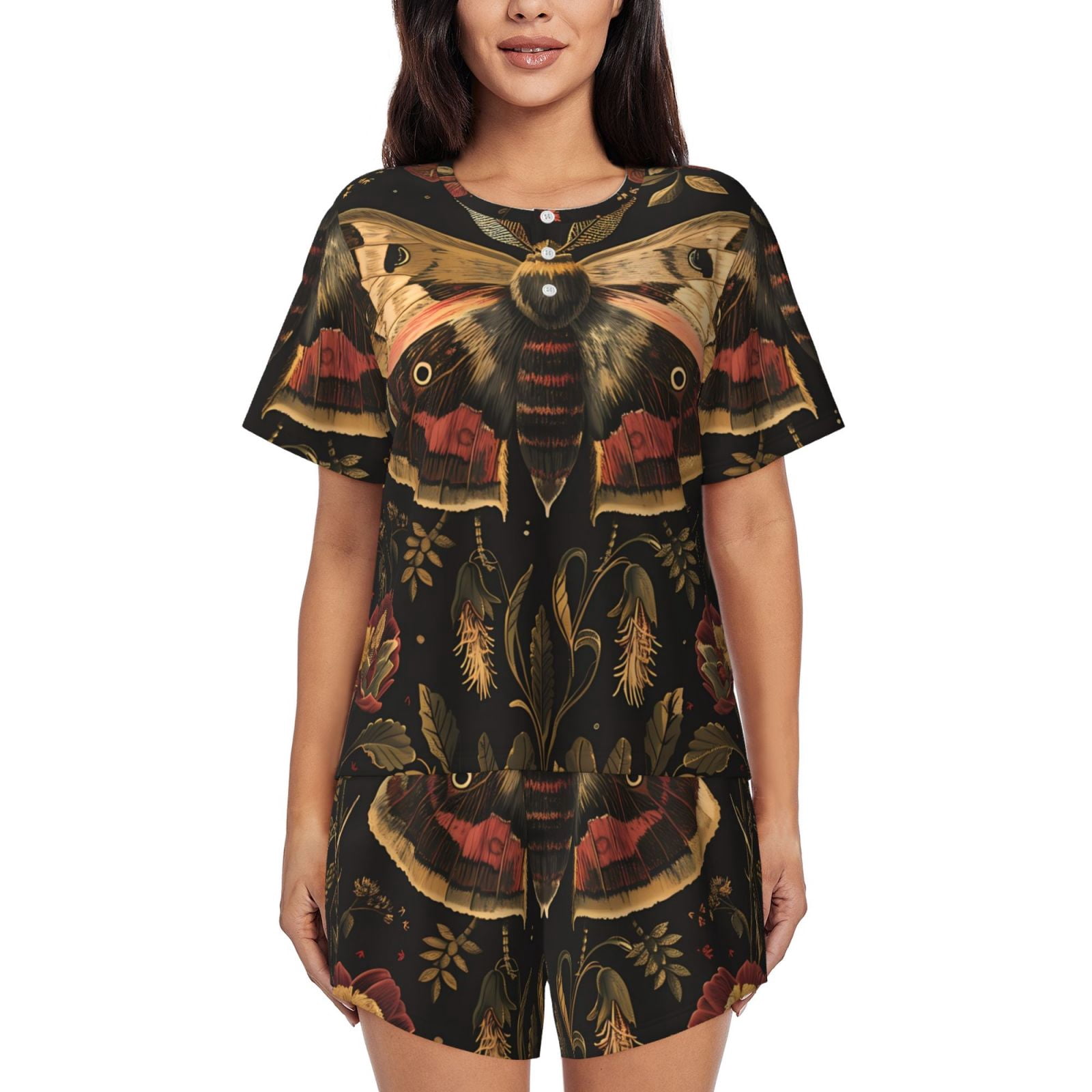 Pajamas for Women Set, Vintage Moth Floral Art PJ Lounge Sets for Women ...