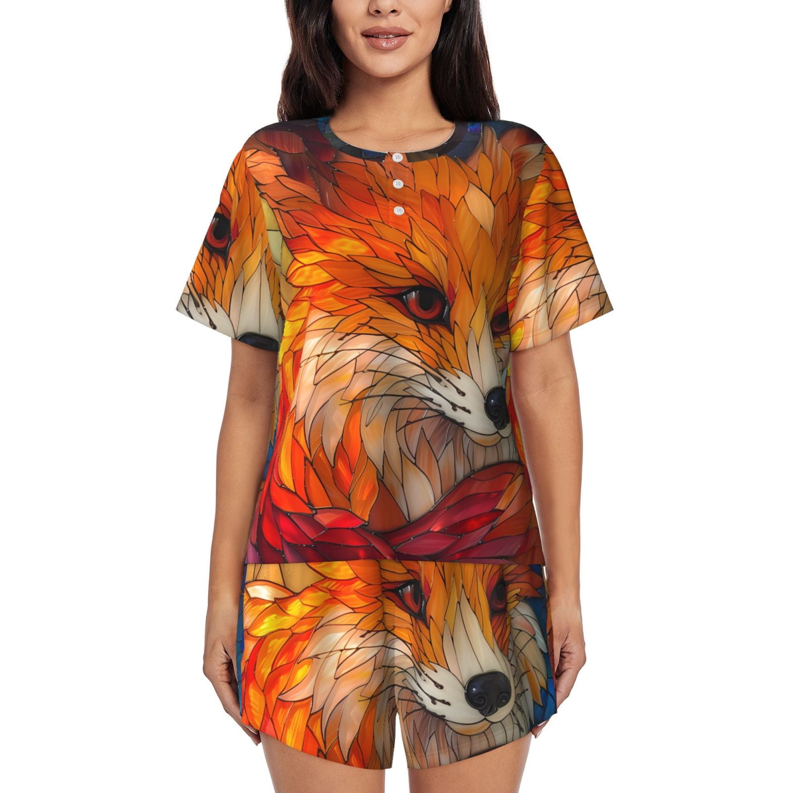 Pajamas for Women Set, Vintage Stained Glass Fox PJ Lounge Sets for ...