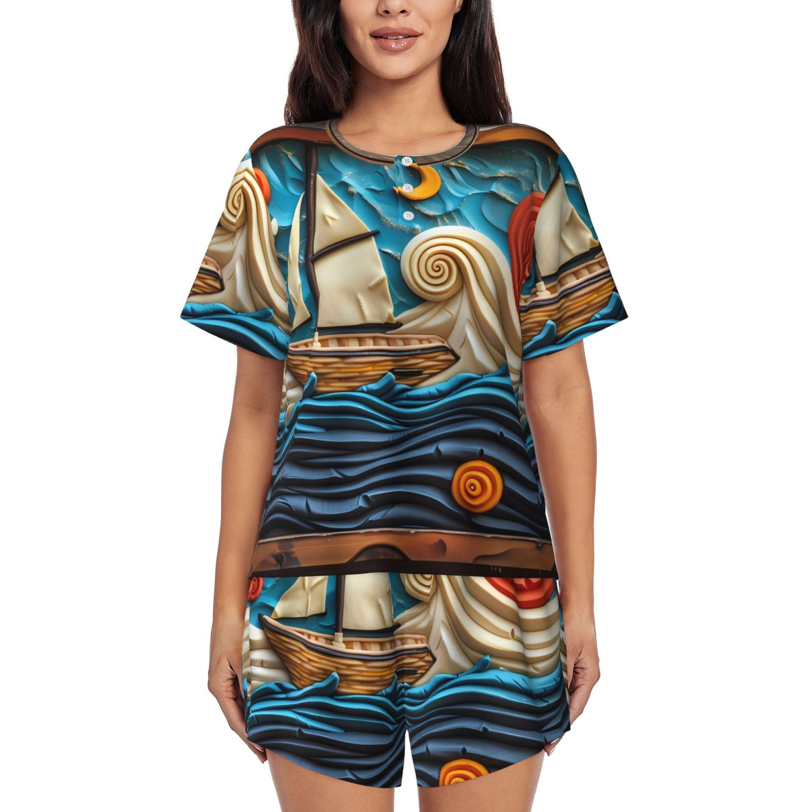 Pajamas for Women Set, Whimsical Sailboat Ocean Art PJ Lounge Sets for ...