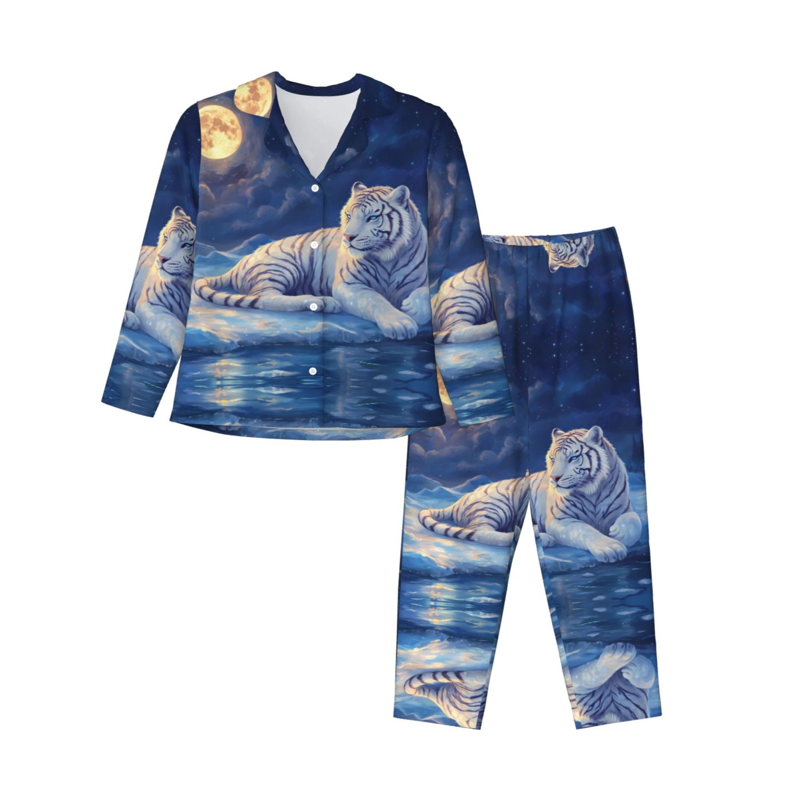 Pajamas for Women Set - White Tiger Under Full Moon Long Sleeve Womens ...