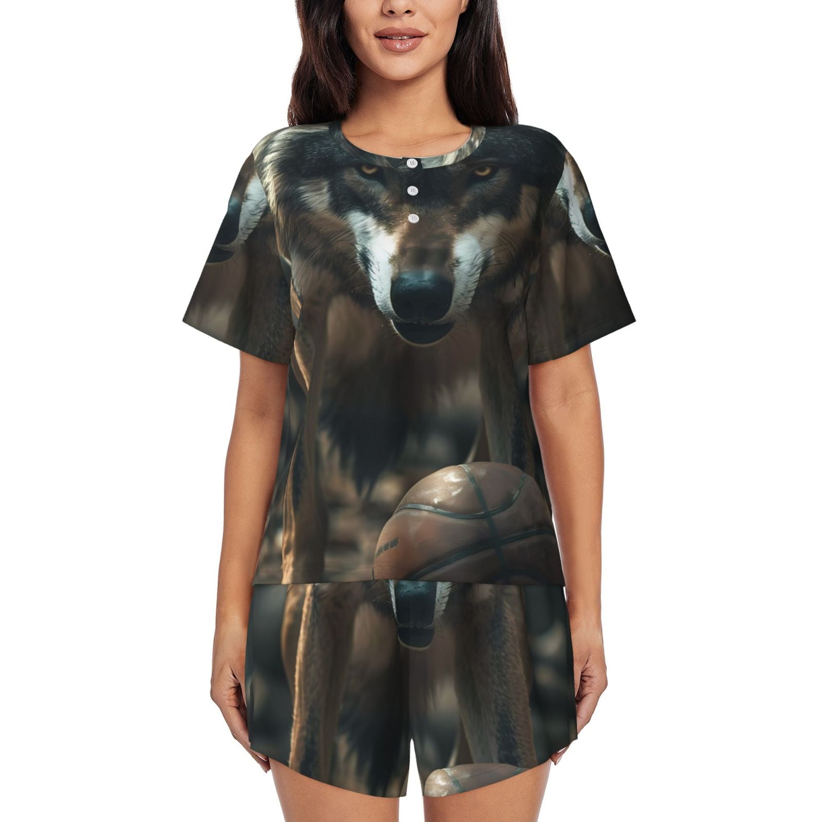 Pajamas for Women Set, Wolf With Basketball PJ Lounge Sets for Women 2 ...