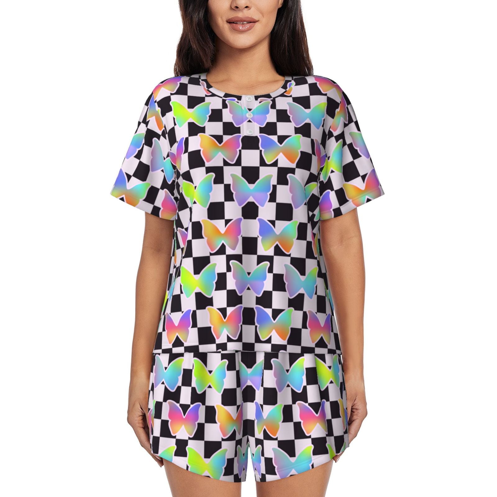 Pajamas for Women Set Y2K aesthetic grid butterfly Soft Short Pj Sets ...