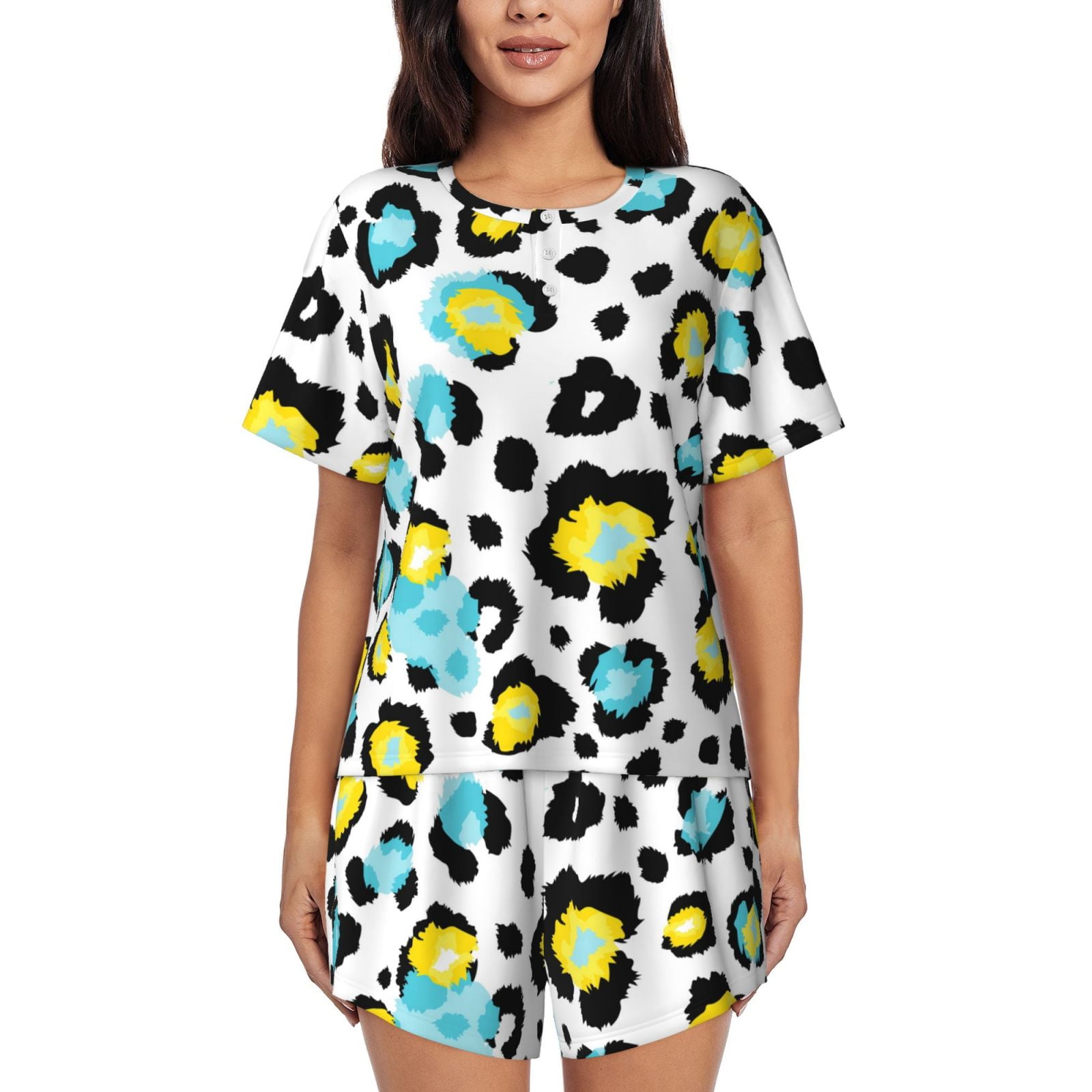 Pajamas for Women Set, Yellow Blue Leopard Print PJ Lounge Sets for ...