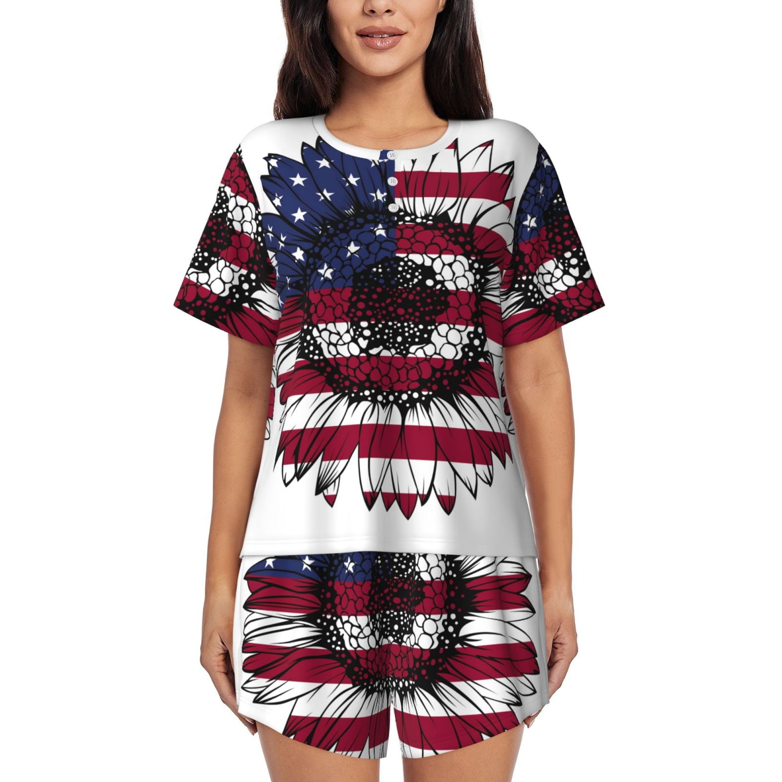 Pajamas for Women Set, american_flag_sunflower PJ Lounge Sets for Women ...