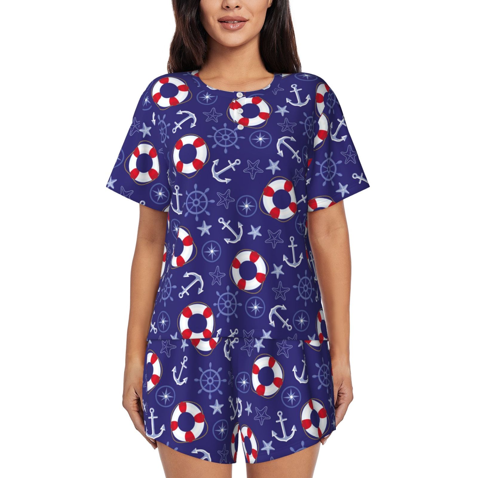 Pajamas for Women Set, anchor starfish Swim ring Dark Blue PJ Lounge ...