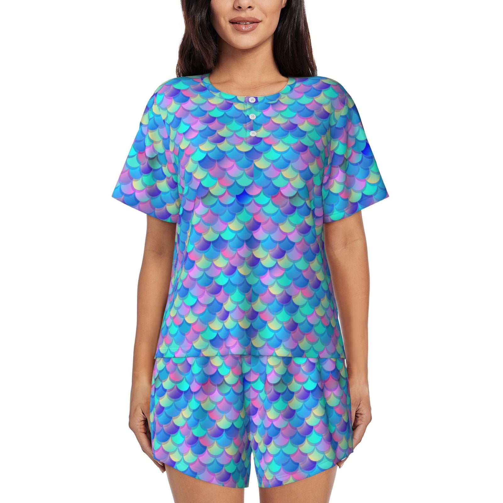 Pajamas for Women Set, blue purple Rainbow fish scale PJ Lounge Sets ...