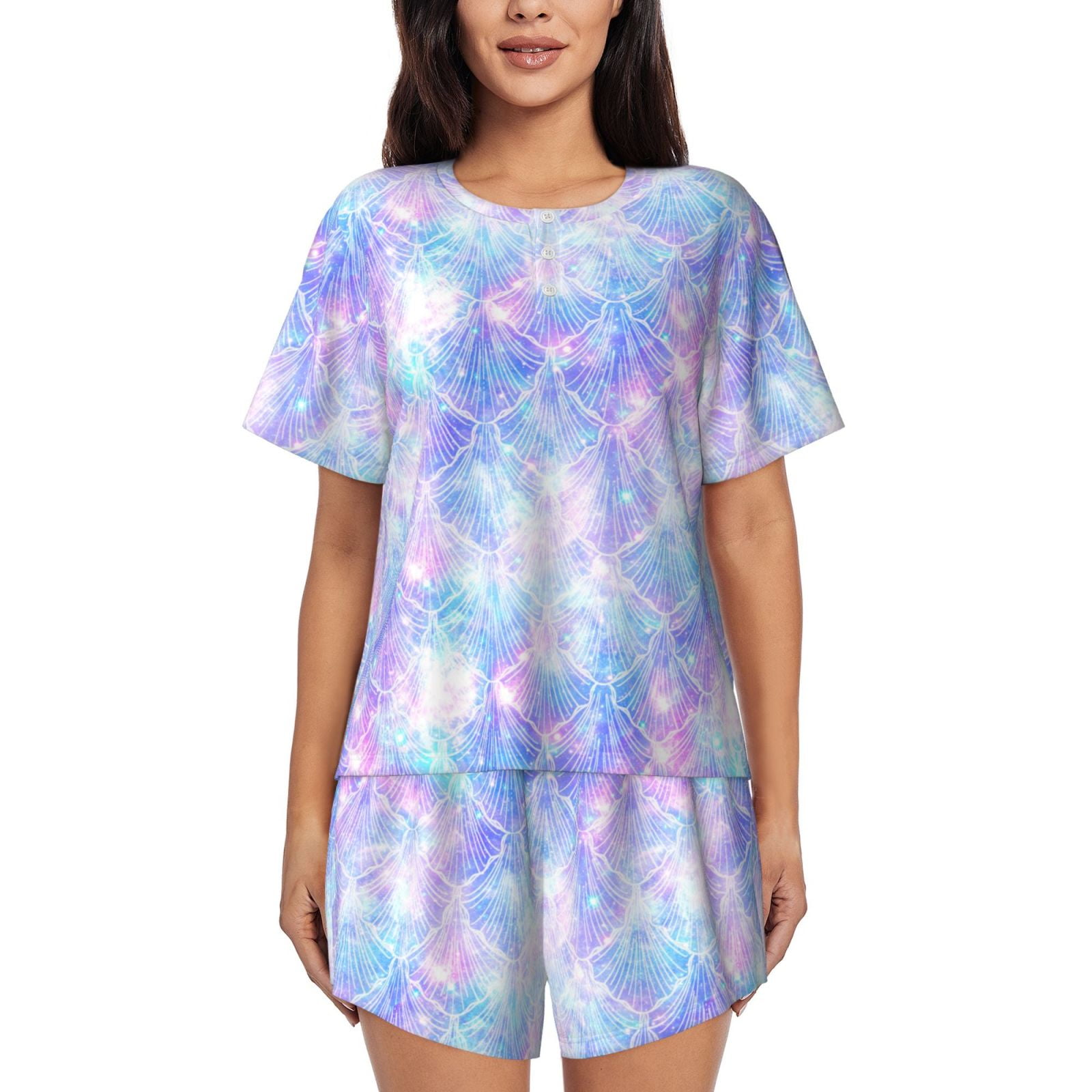 Pajamas for Women Set, bright blue shiny fish scale PJ Lounge Sets for ...