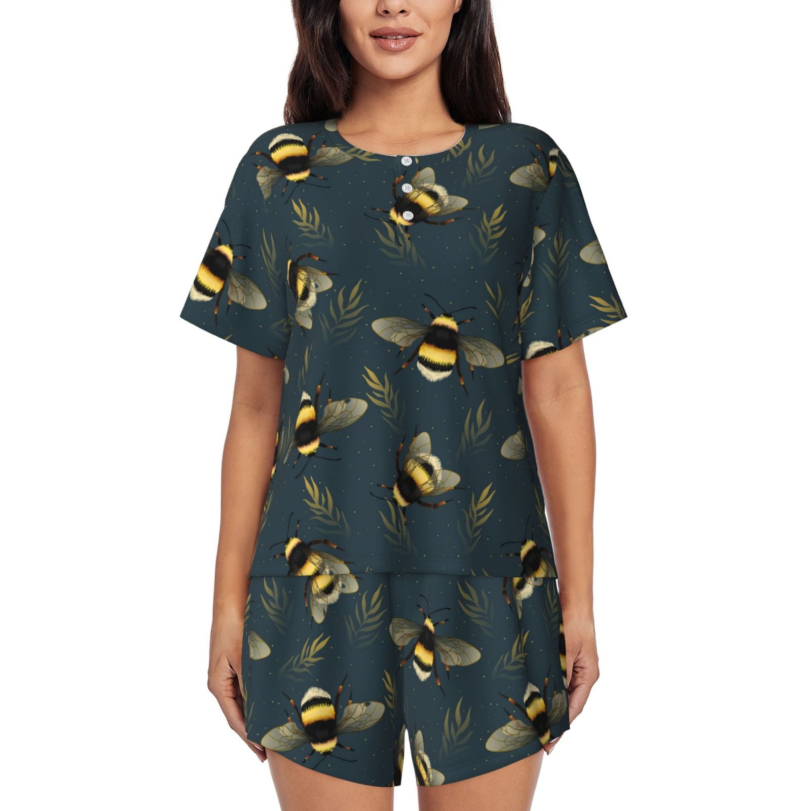 Pajamas for Women Set cute bee leaves dark Soft Short Pj Sets for Women ...