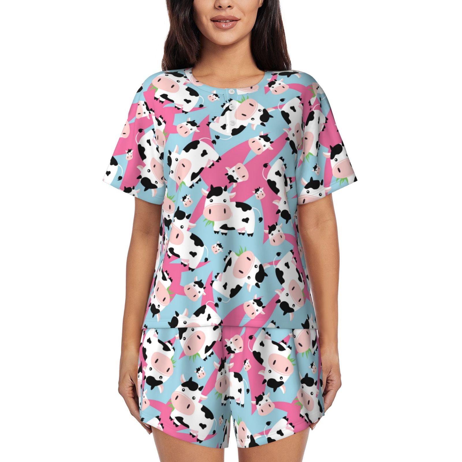 Pajamas for Women Set, cute cow animal pink blue PJ Lounge Sets for ...