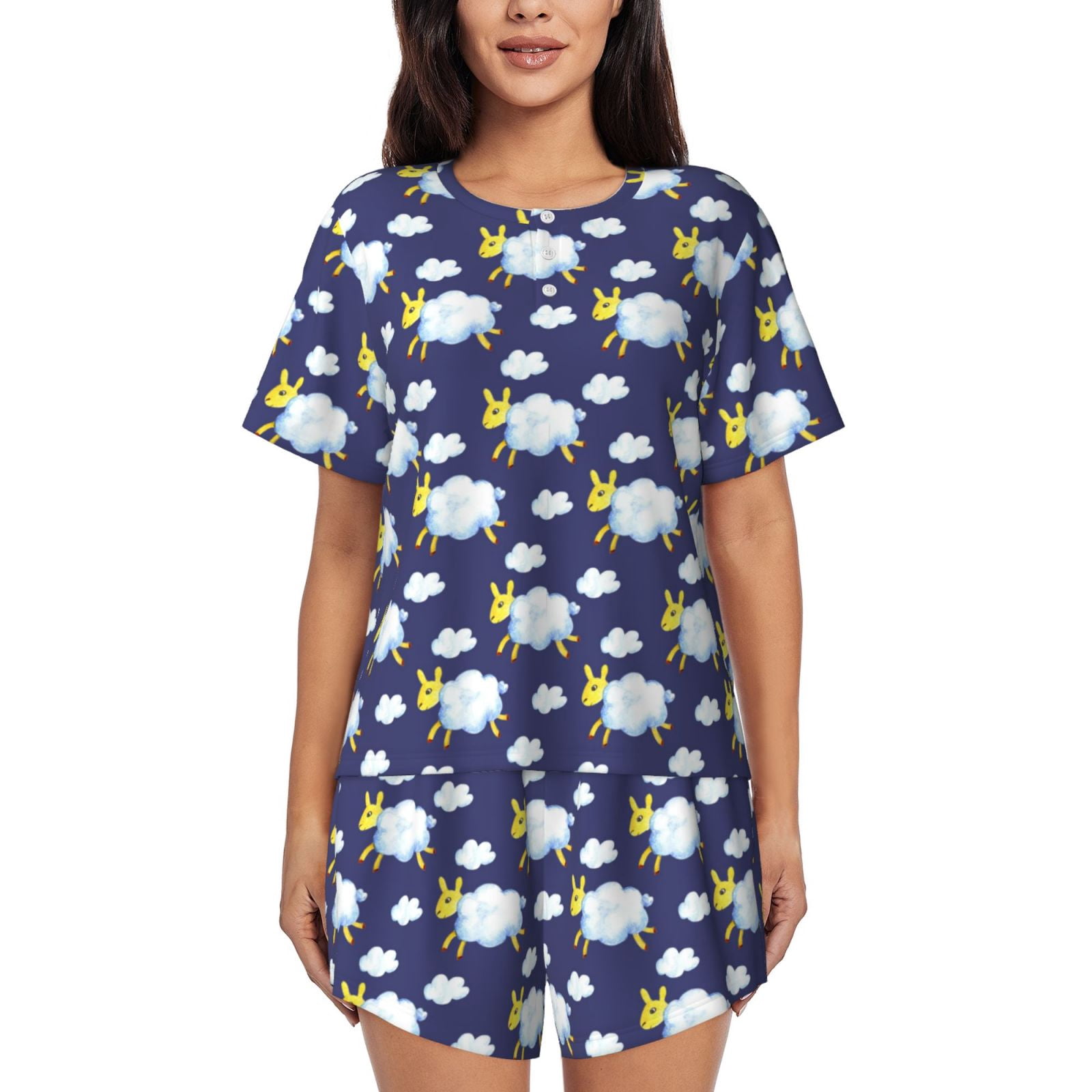 Pajamas for Women Set, cute sheep clouds navyblue funny PJ Lounge Sets ...