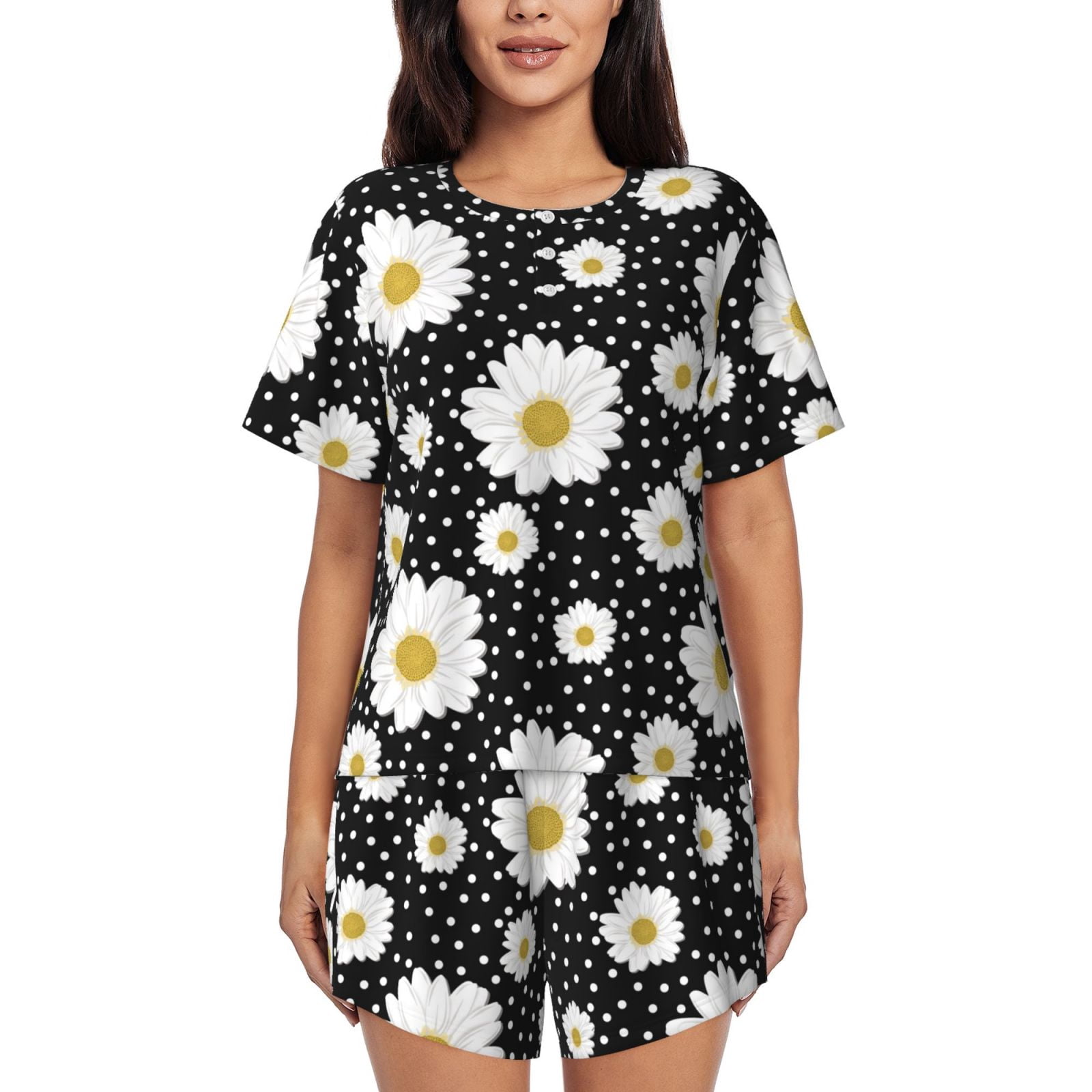 Pajamas for Women Set, daisy flowers dotted black PJ Lounge Sets for ...