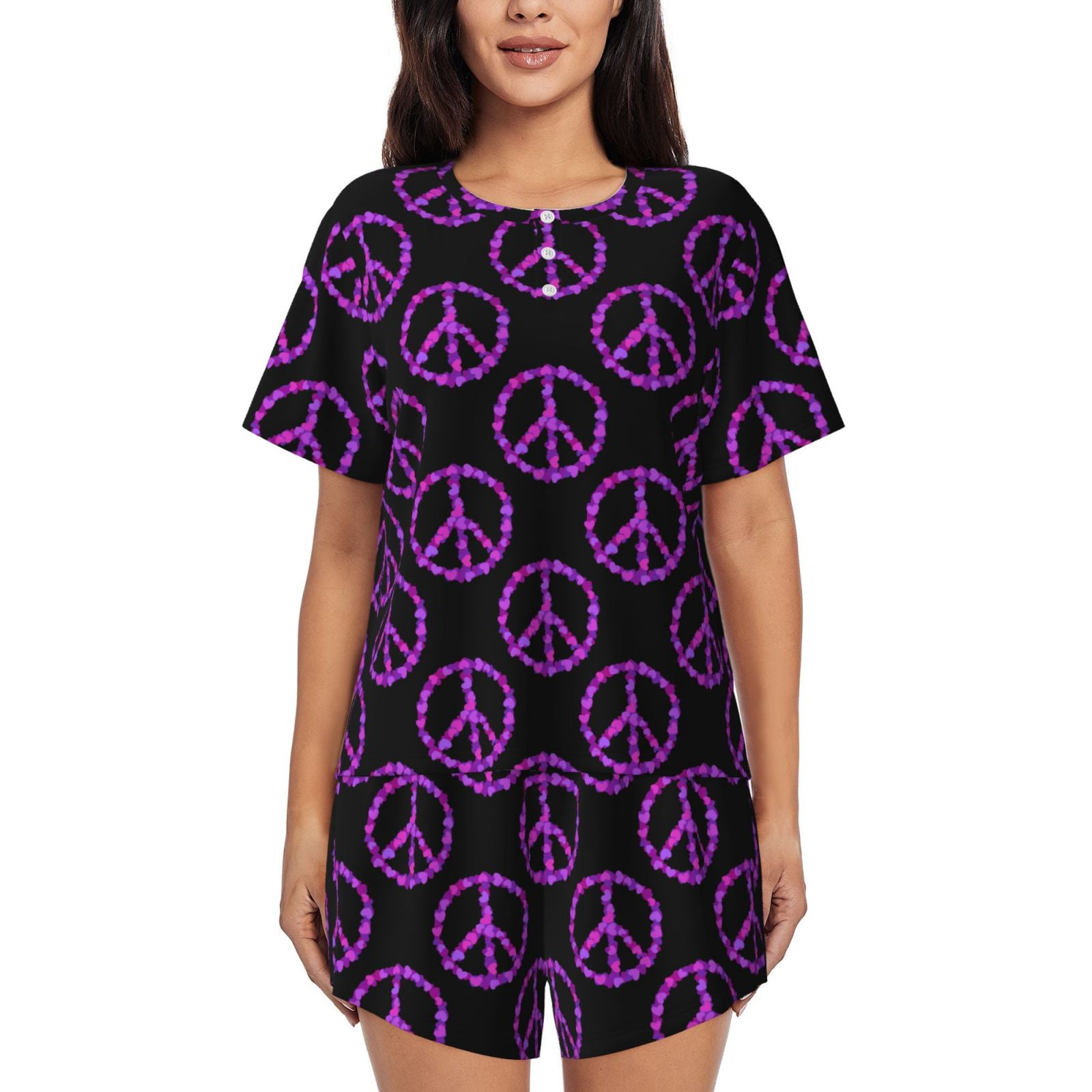 Pajamas for Women Set, purple hearts peace sign black PJ Lounge Sets ...