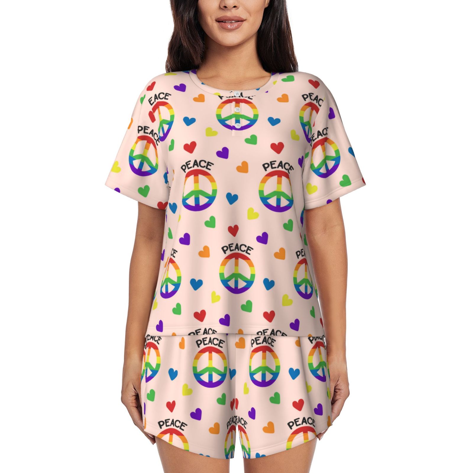 Pajamas for Women Set, rainbow hearts peace sign PJ Lounge Sets for ...