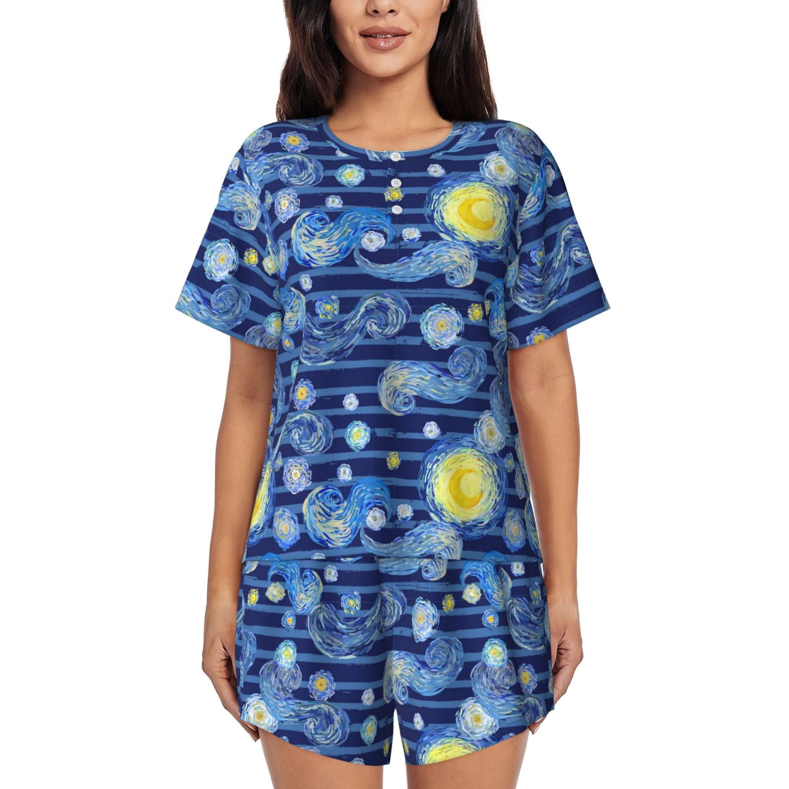 Pajamas for Women Set, starry blue sky yellow moon striped PJ Lounge ...