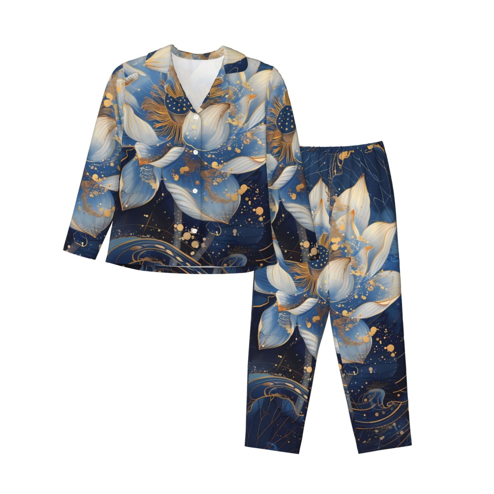 Pajamas for Women Sets, Blue Golden Dream Lotus Lounge Sets Long Sleeve ...