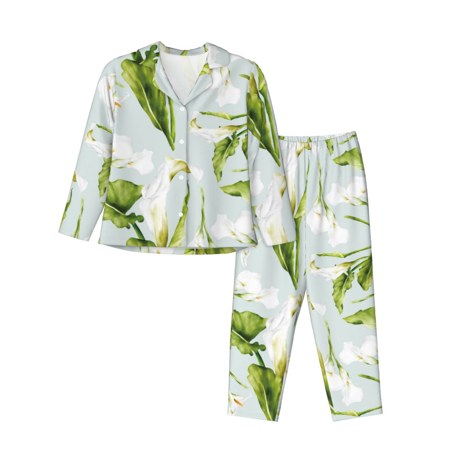 Pajamas for Women Sets, Calla Lily Flowers Light Blue Lounge Sets Long ...