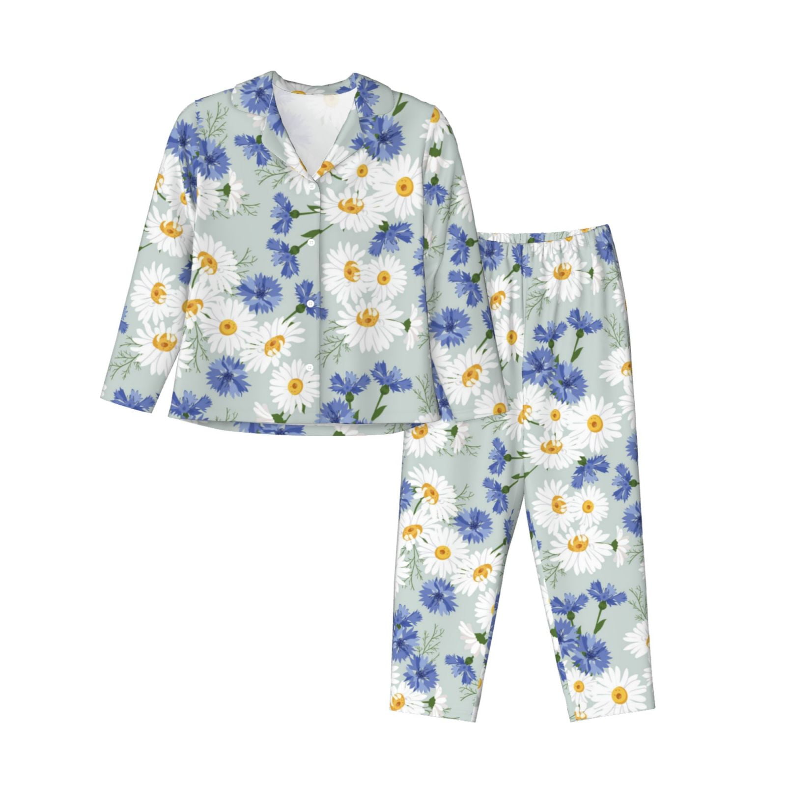 Pajamas for Women Sets, Daisies Flowers Lounge Sets Long Sleeve Button ...