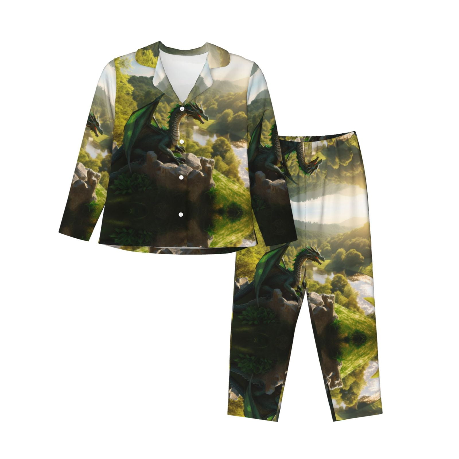 Pajamas for Women Sets, Deep Forest Stone Green Dragon Lounge Sets Long ...