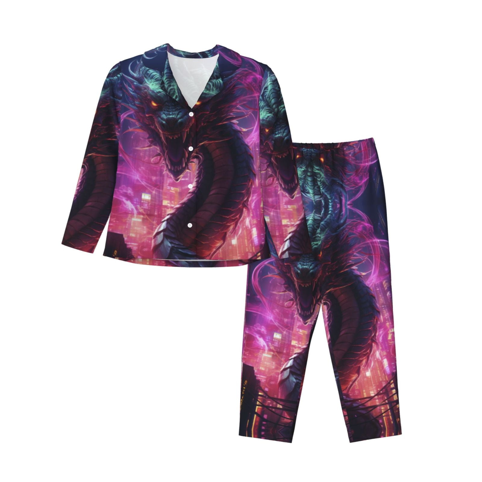 Pajamas for Women Sets, Neon Futuristic Dragon Lounge Sets Long Sleeve ...