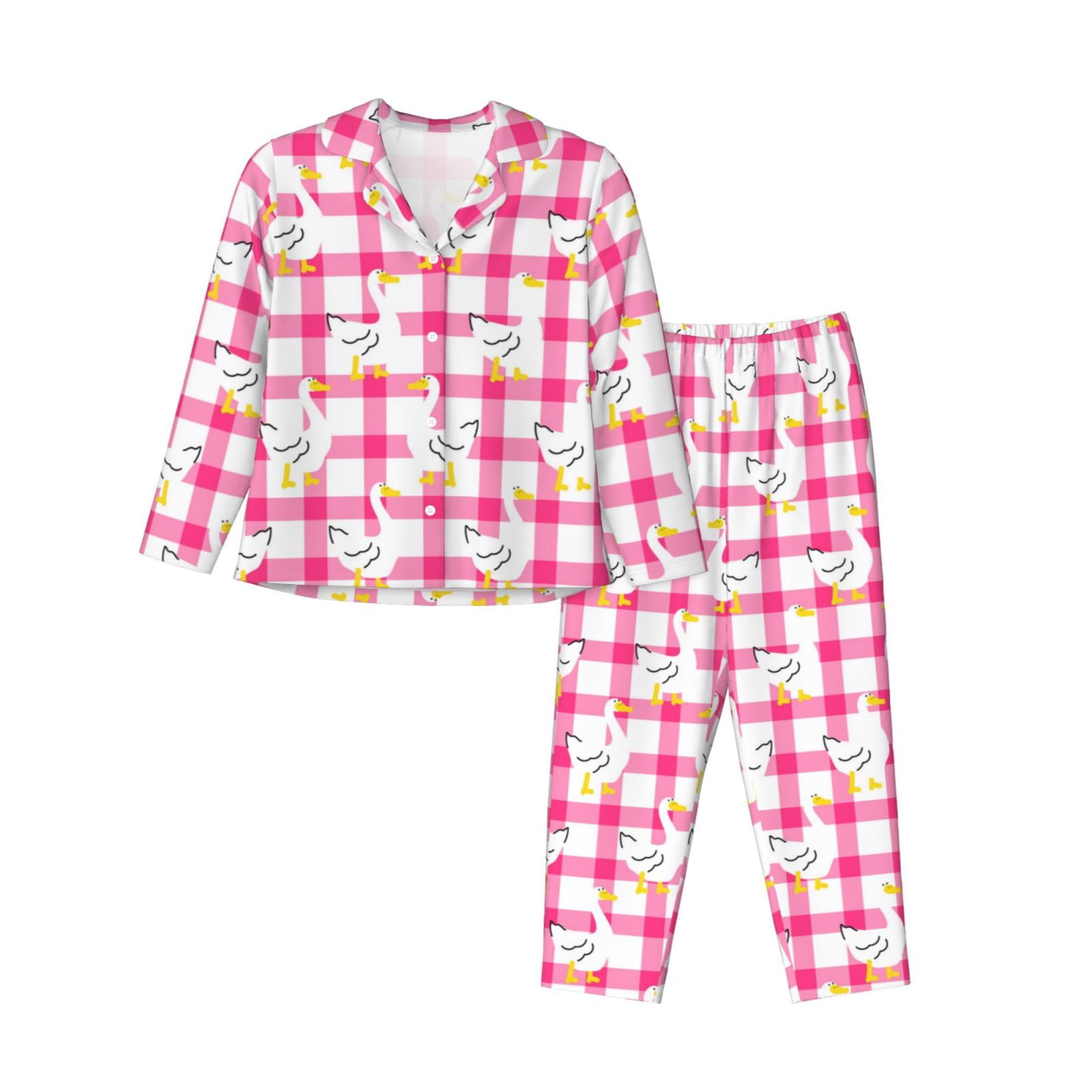 Pajamas for Women Sets, Pink Plaid Cute Duck Lounge Sets Long Sleeve ...