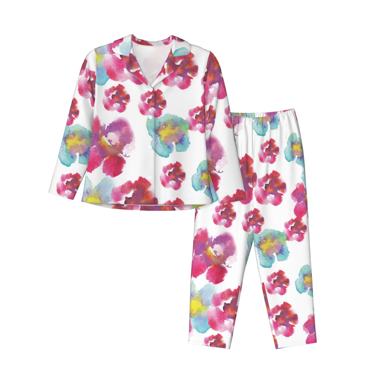Pajamas for Women Sets, Pink watercolor flowers Lounge Sets Long Sleeve ...