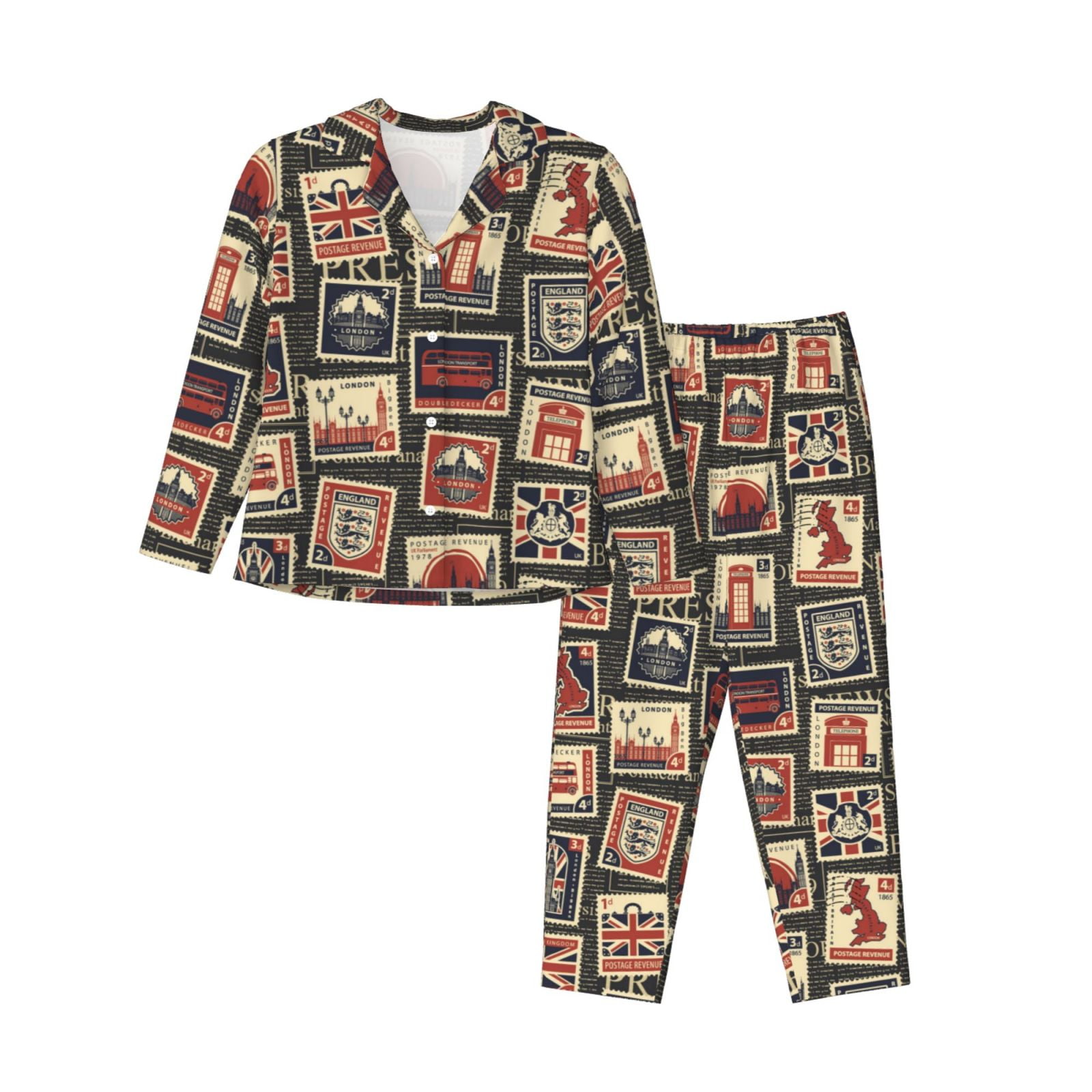 Pajamas for Women Sets, Stamp Pattern England Lounge Sets Long Sleeve ...