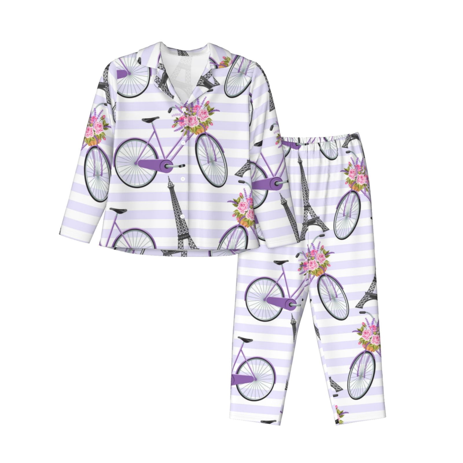 Pajamas for Women Sets, bike flower Tower Lounge Sets Long Sleeve Button Down Night Shirts ...