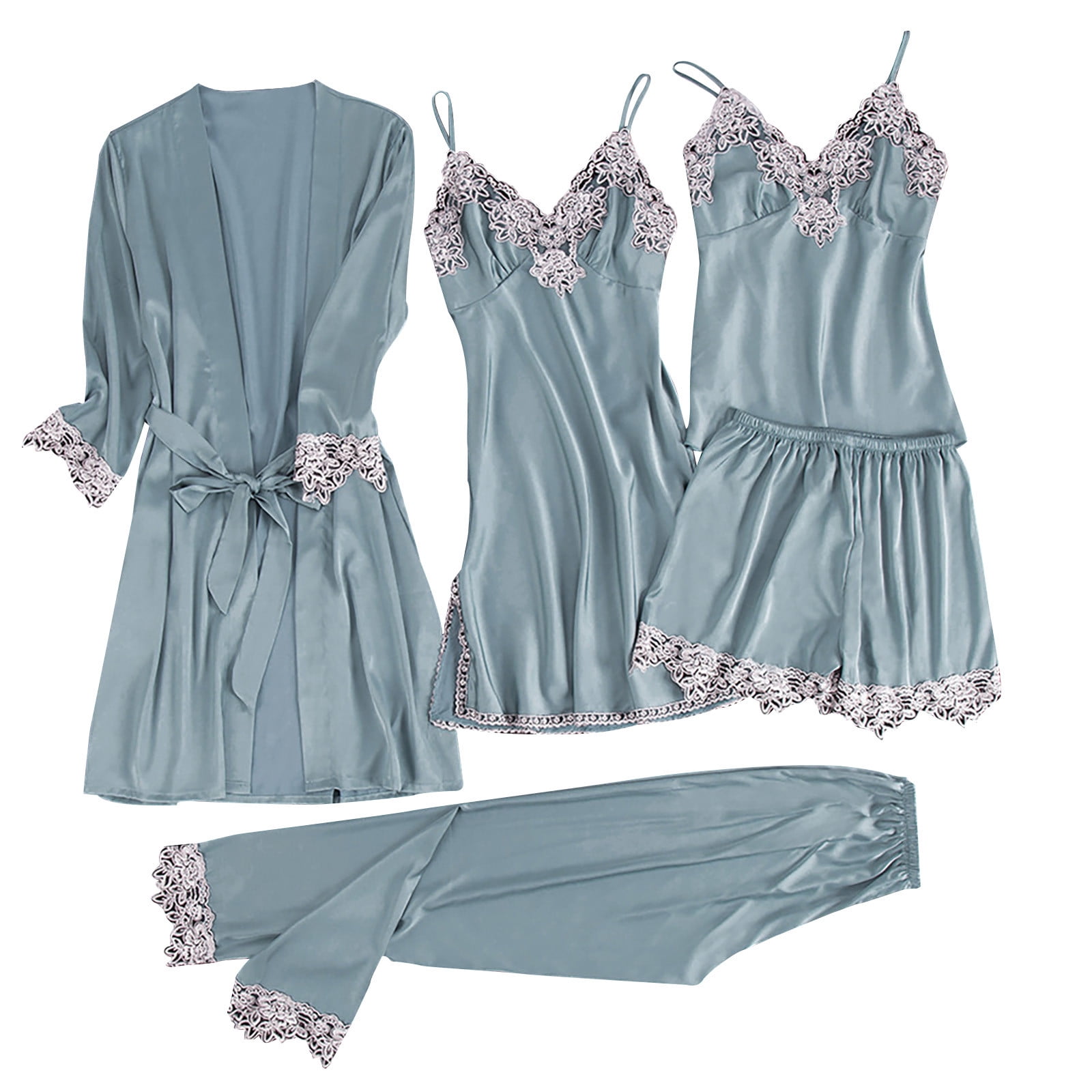 Pajamas for Women Silk Pajama Set 5pcs Cami Top Shorts Nightgown ...