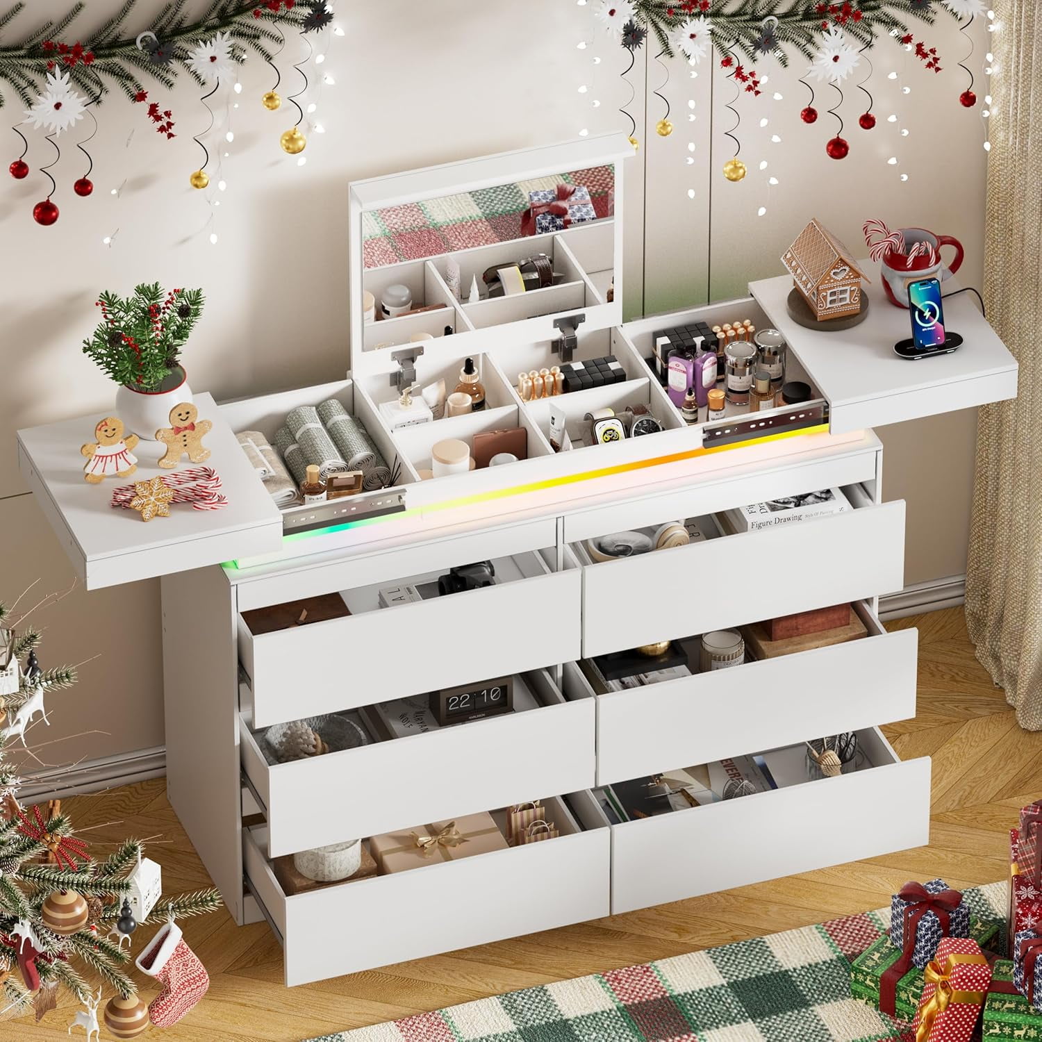 PakaLife 6 Drawer Dresser with Plip Top Mirror, Modern Dresser with ...