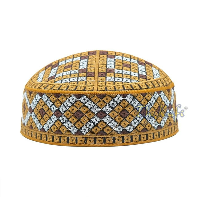 Pakistani Muslim Kufi Hats White Black Gold-tone Embroidery Diamond ...