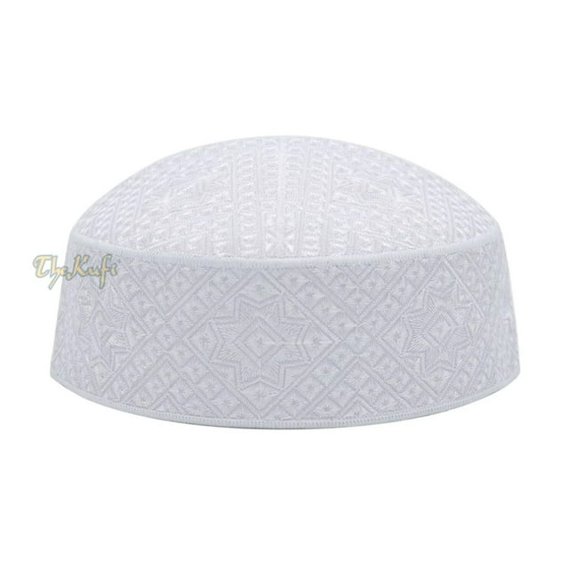 Pakistani Muslim Kufi Hats White Intricate Embroidery Diamond Motif ...