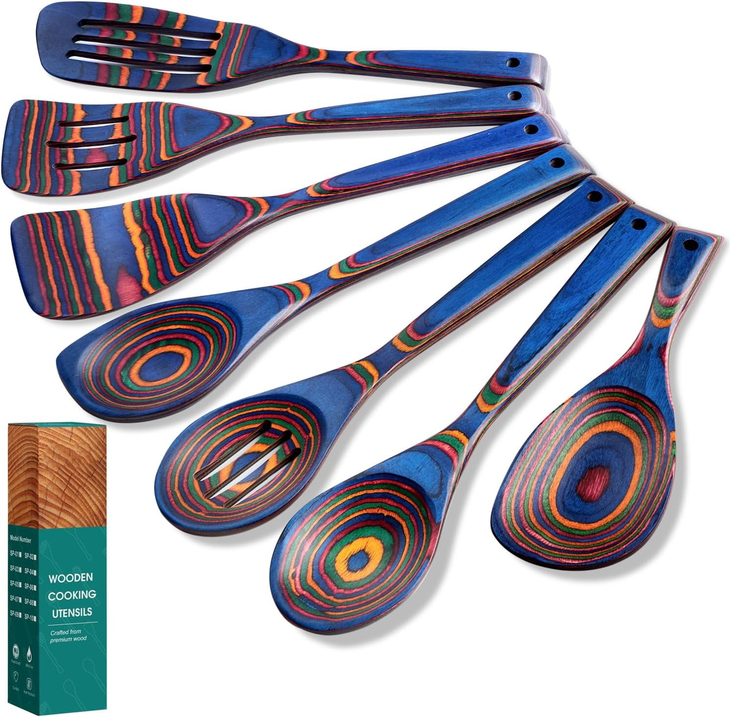 Pakkawood 7-Piece Wooden Cooking Utensil Set - Wood Kitchen Utensil Set ...