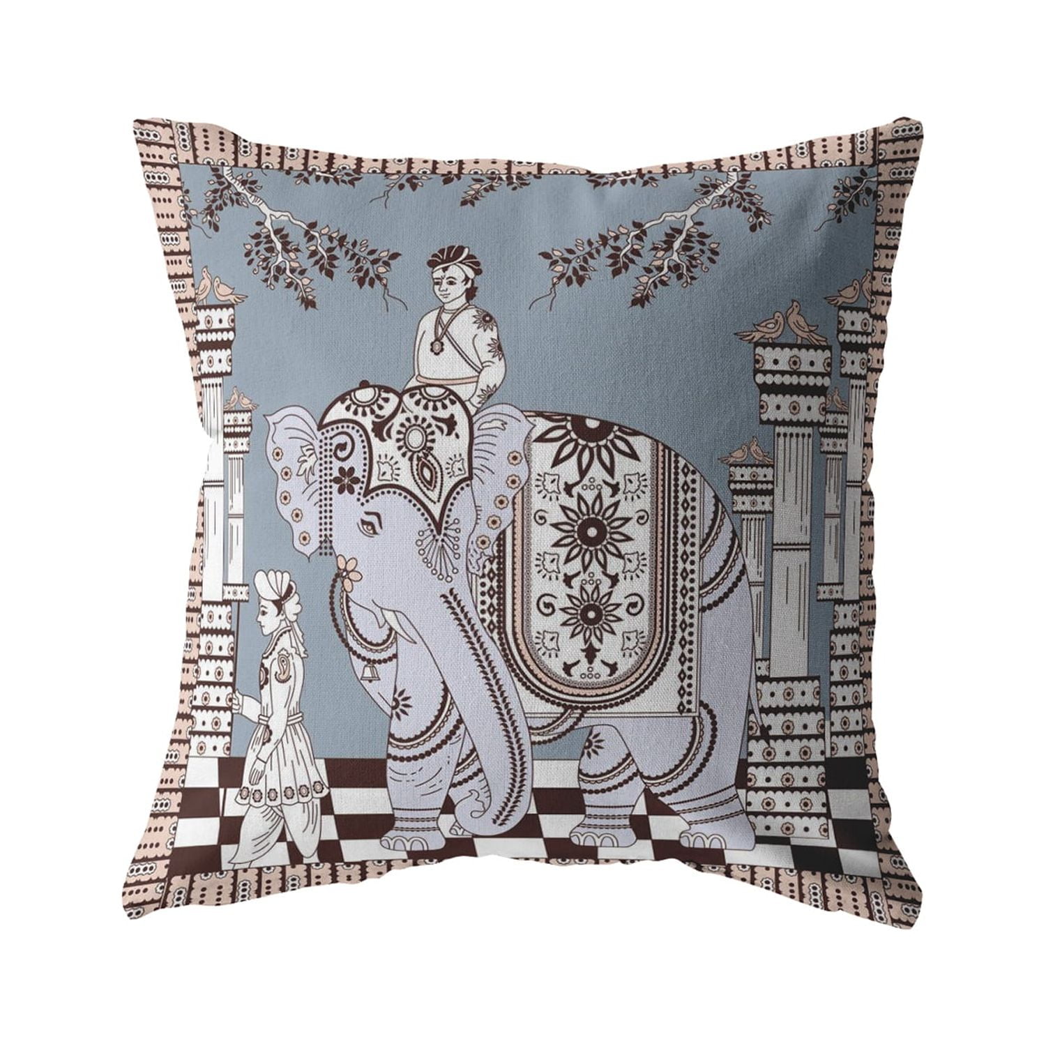 Palace Elephant Indoor/Outdoor Pillow in Light Blue on Muted Brown ...