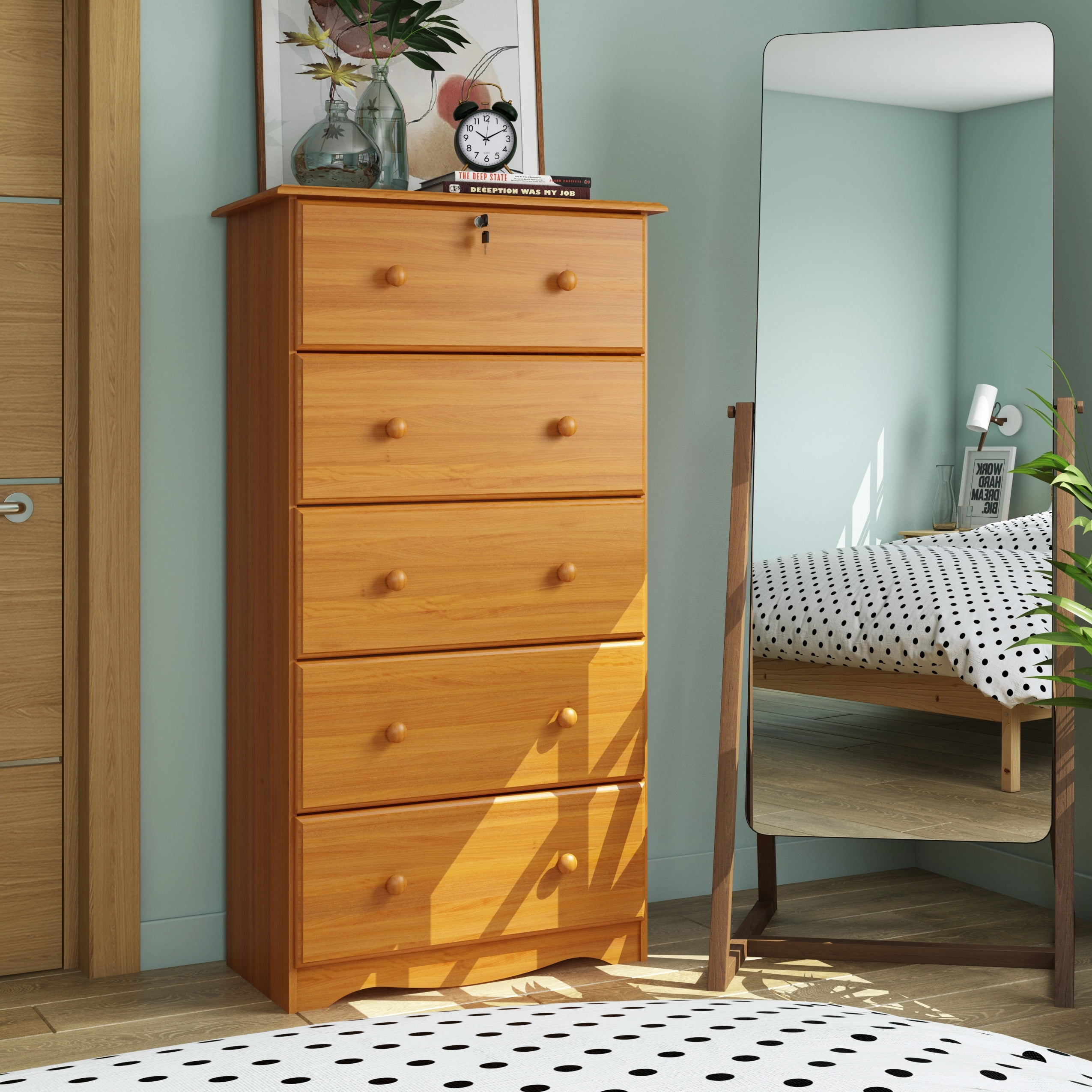 Palace Imports Lockable 5-Jumbo Drawer Dresser, 100% Solid Wood, Honey ...
